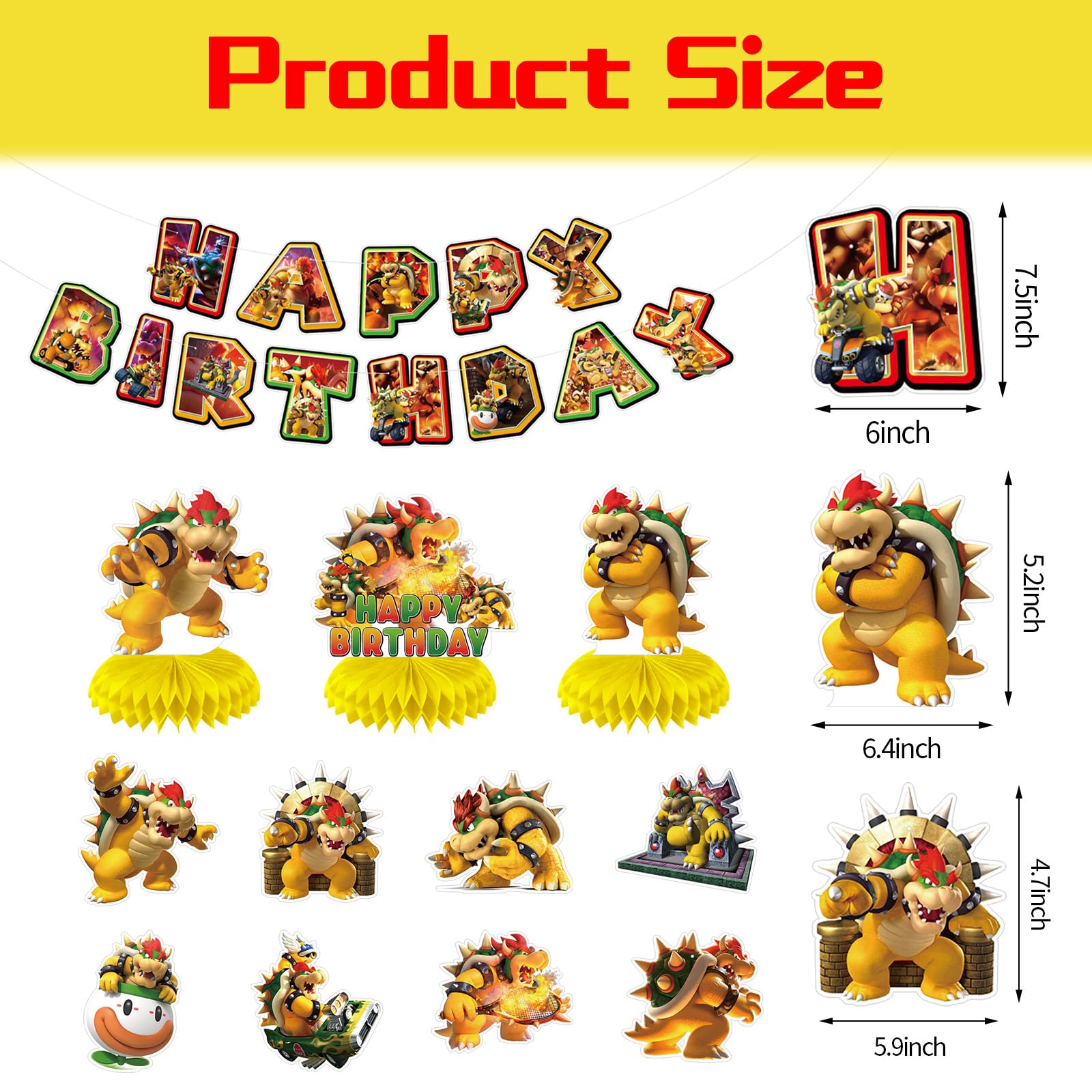Mario Bowser Birthday Party Decorations, Include Banner,Hanging Swirls and Table Decorations Honeycomb Centerpieces for Cartoon Bowser Party Supplies.