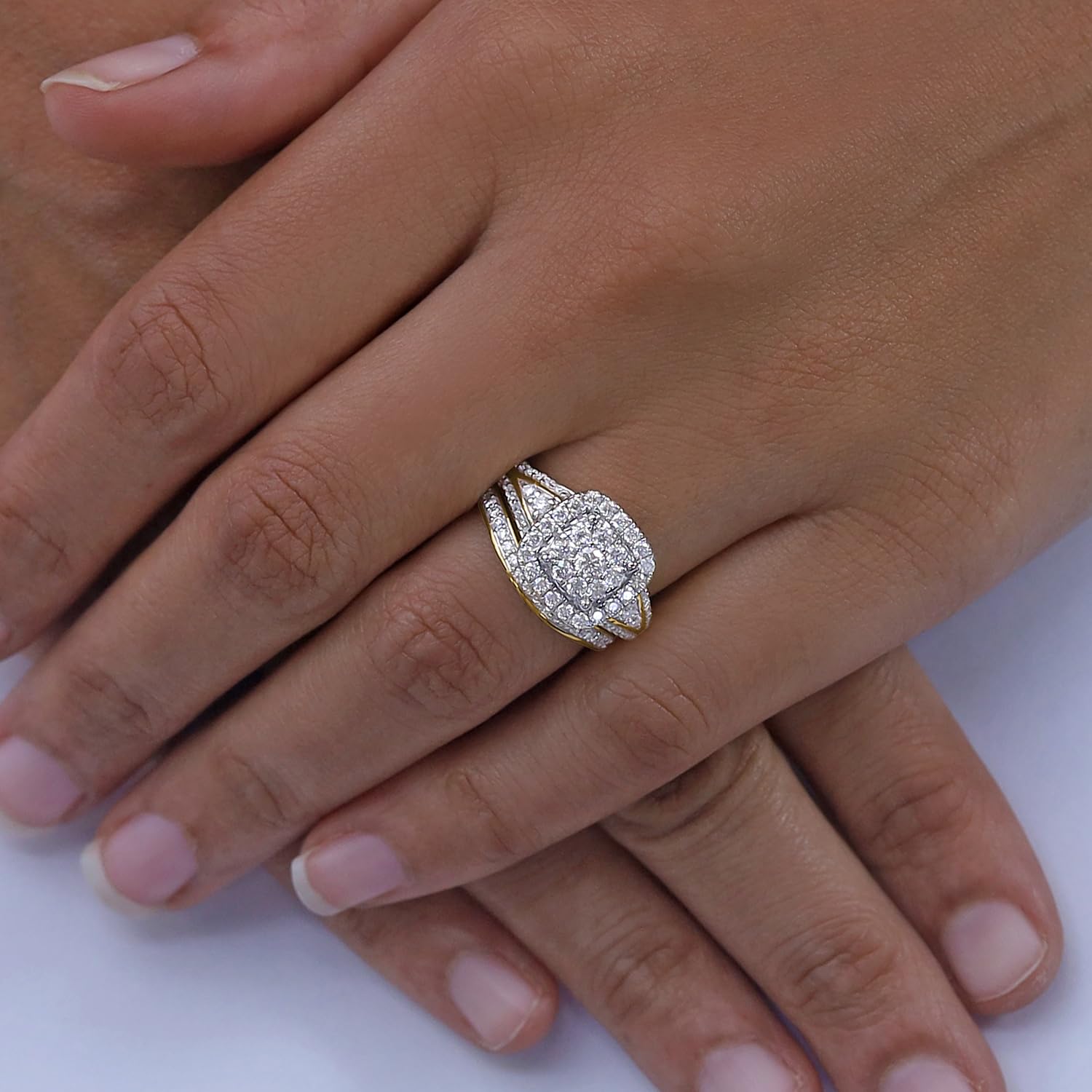 SAVEARTH DIAMONDS 1 1/4 CTTW Round Lab Created Moissanite Diamond Double Halo Bridal Set Wedding Ring In 14k Yellow Gold Over Sterling Silver (1.25 Cttw) Size-6.5