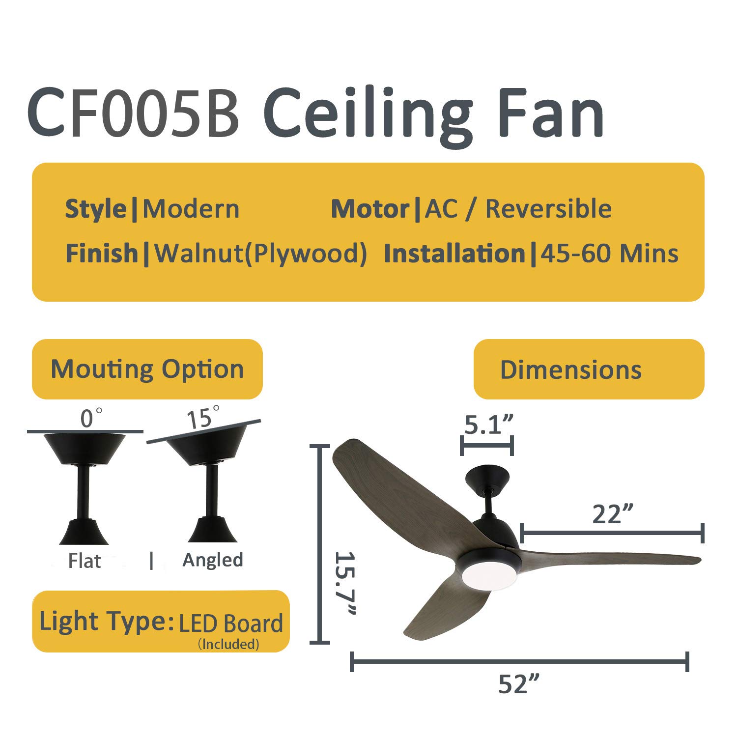 Nocolliny Modern Ceiling Fan 52" with Light, Dimmable LED, Farmhouse Style Propeller 3-Blade with Reversible Motor, Remote Control