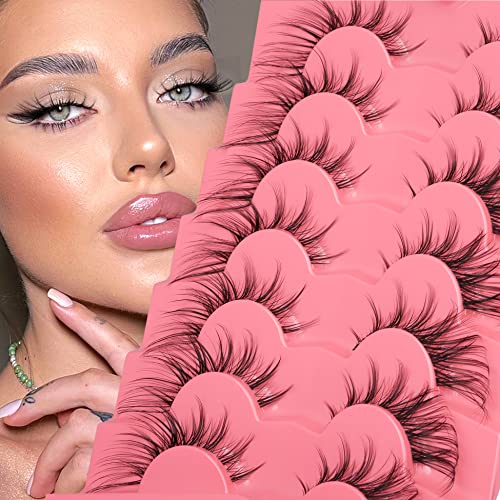 Newcally Lashes Manga Lashes Fox Eye False Eyelashes Clear Band Cat Eye Lashes Mink Lashes Fluffy Strip Lashes Wispy Anime Lashes Pack Spiky Cosplay Fake Eyelashes 7 Pairs