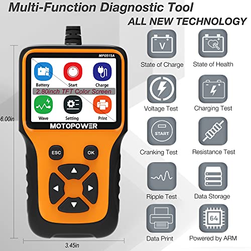 MOTOPOWER MP0515A 12V Car Battery Tester Automotive 100-2000 CCA Battery Load Tester Auto Cranking and Charging System Test Scan Tool Digital Battery Alternator Analyzer