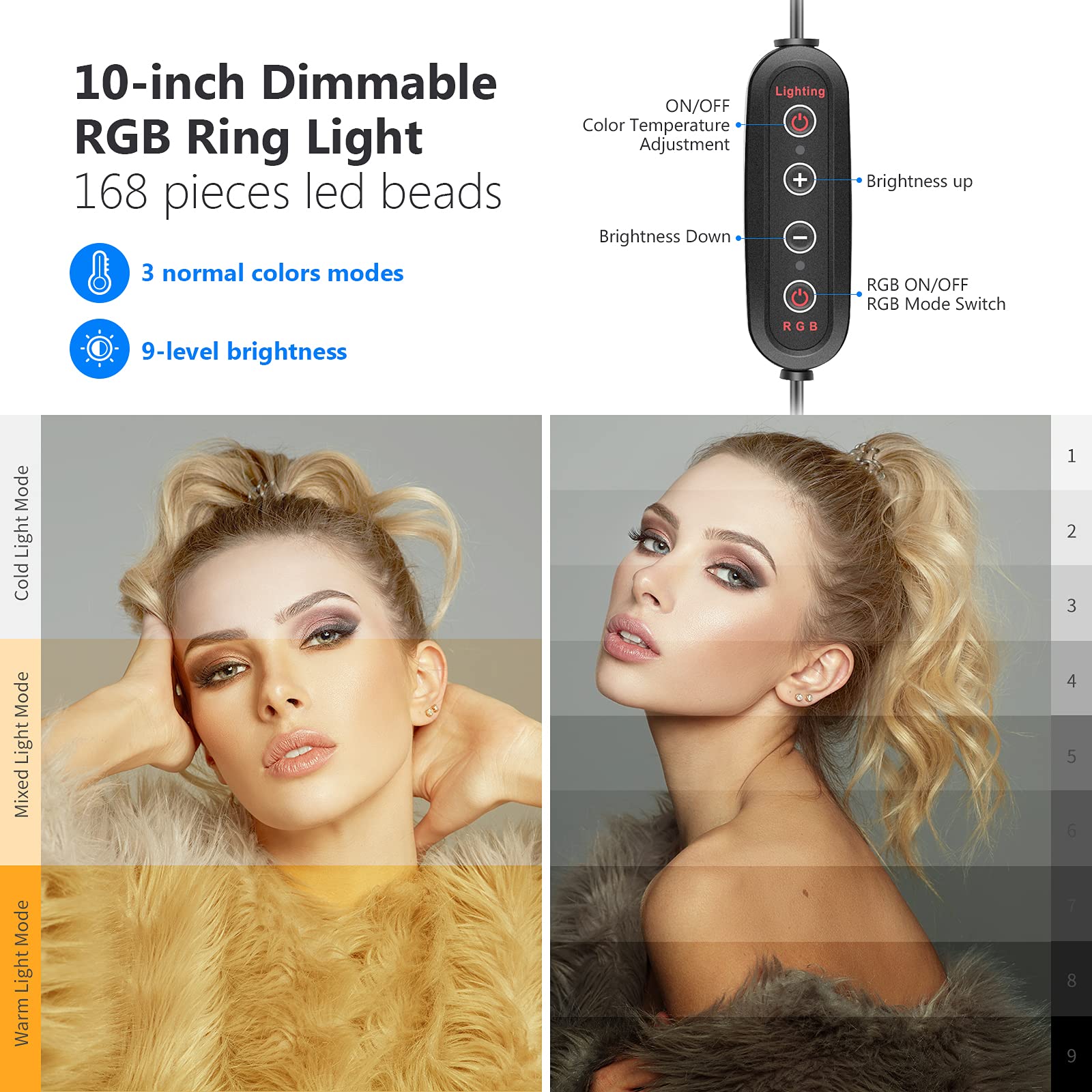 NEEWER 10" RGB Ring Light with Tripod Stand & 2 Phone Holders, Dimmable Selfie Ring Light with 29 Colors Modes for Makeup/Live Streaming/YouTube/Tiktok/Video Shooting, RGB10-H