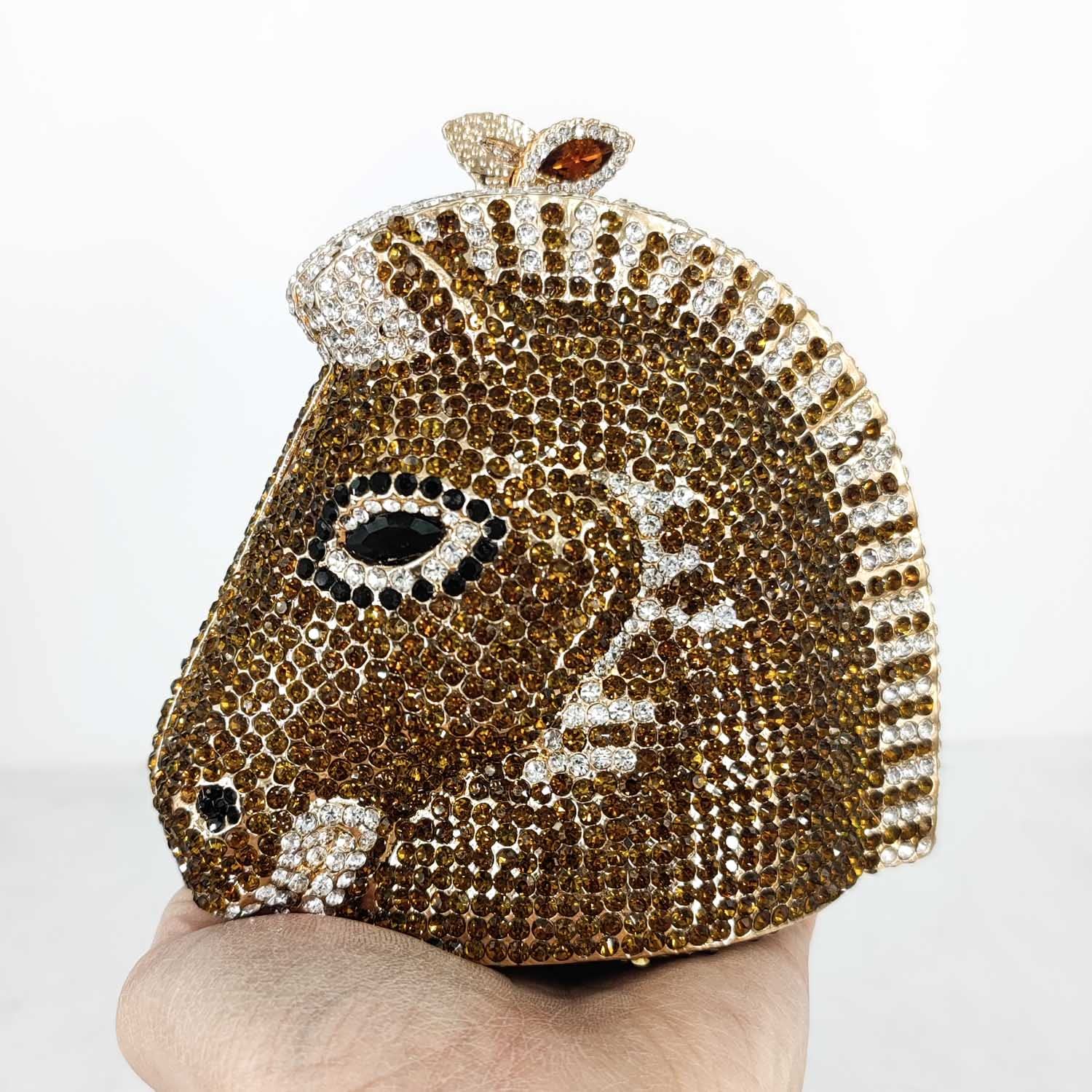 Sparkling 3D Horse Head Shape Women Crystal Clutch Bag Evening Wedding Handbags (Brown)