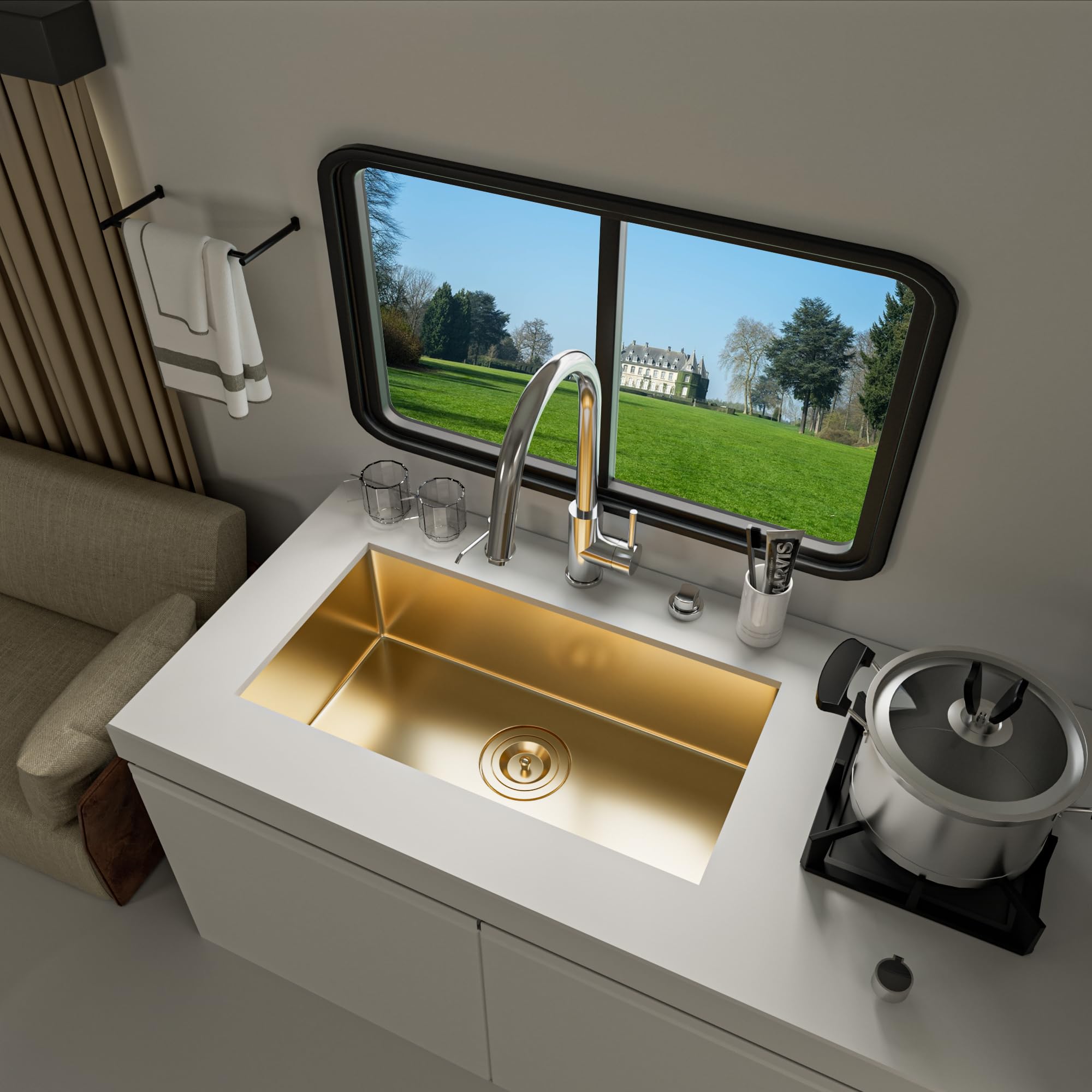 MILOSEN Gold RV Kitchen Sink, RV Camper Kitchen Sink, Small Single Bowl RV Sinks for a Camper Kitchen, 25×15 inch Undermount RV Sink with Gold Basket Strainer