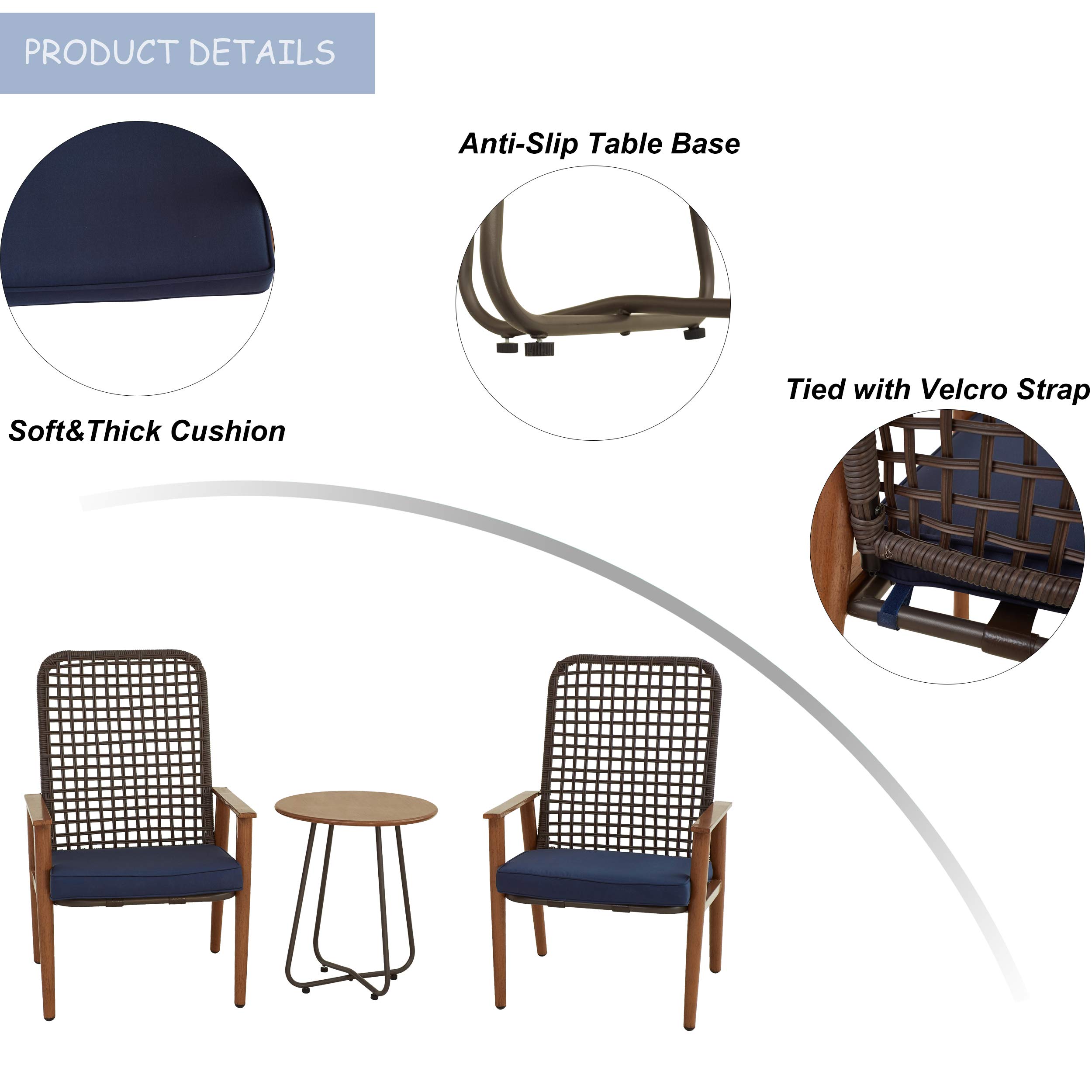 LOKATSE HOME Outdoor Patio 3 Piece Conversation Set Wicker Furniture 2 Cushioned Chairs and Side Table Modern Style, Blue