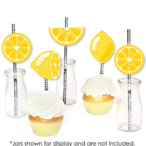 So Fresh - Lemon - Paper Straw Decor - Citrus Lemonade Party Striped Decorative Straws - Set of 24