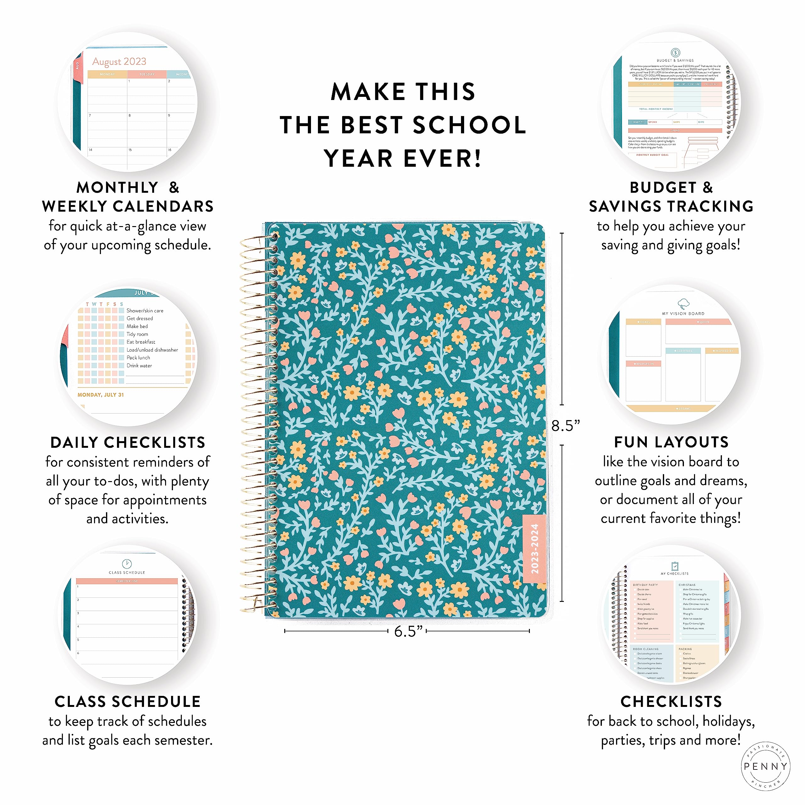 PPP Academic Planner 2023-2024 (Floral) - Student Planner | Weekly & Monthly Checklist | Class Schedule Layout | Budget & Savings Worksheets | Sturdy Coil Binding w/Stickers | Poly Laminated Coverā¦