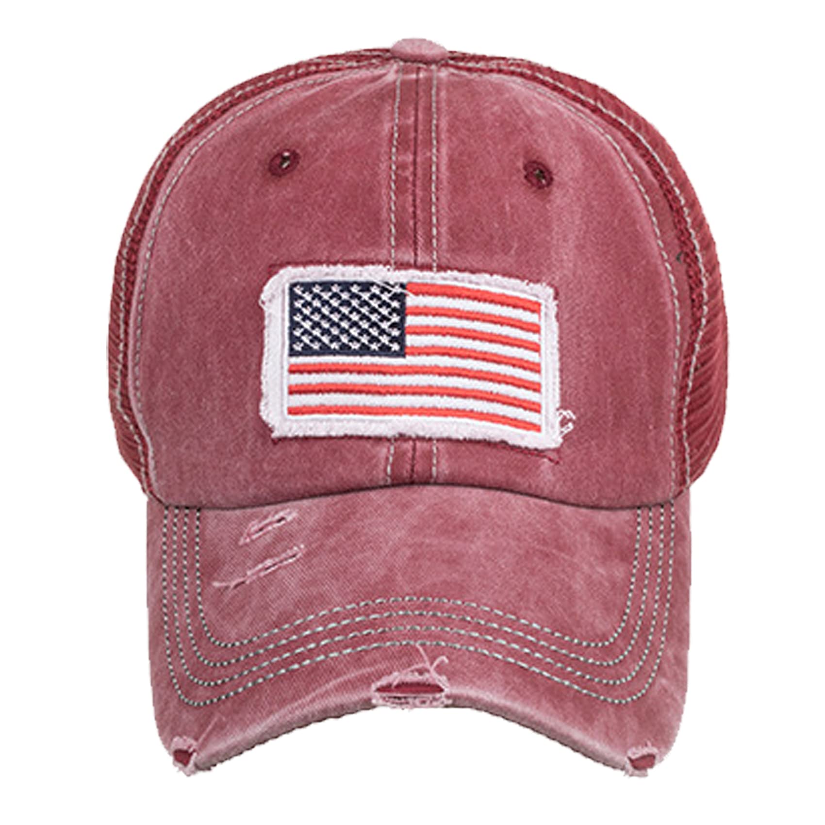 RNFENQS Women's American Flag Mesh Trucker Hat Distressed Ponytail Baseball Cap Wine Red
