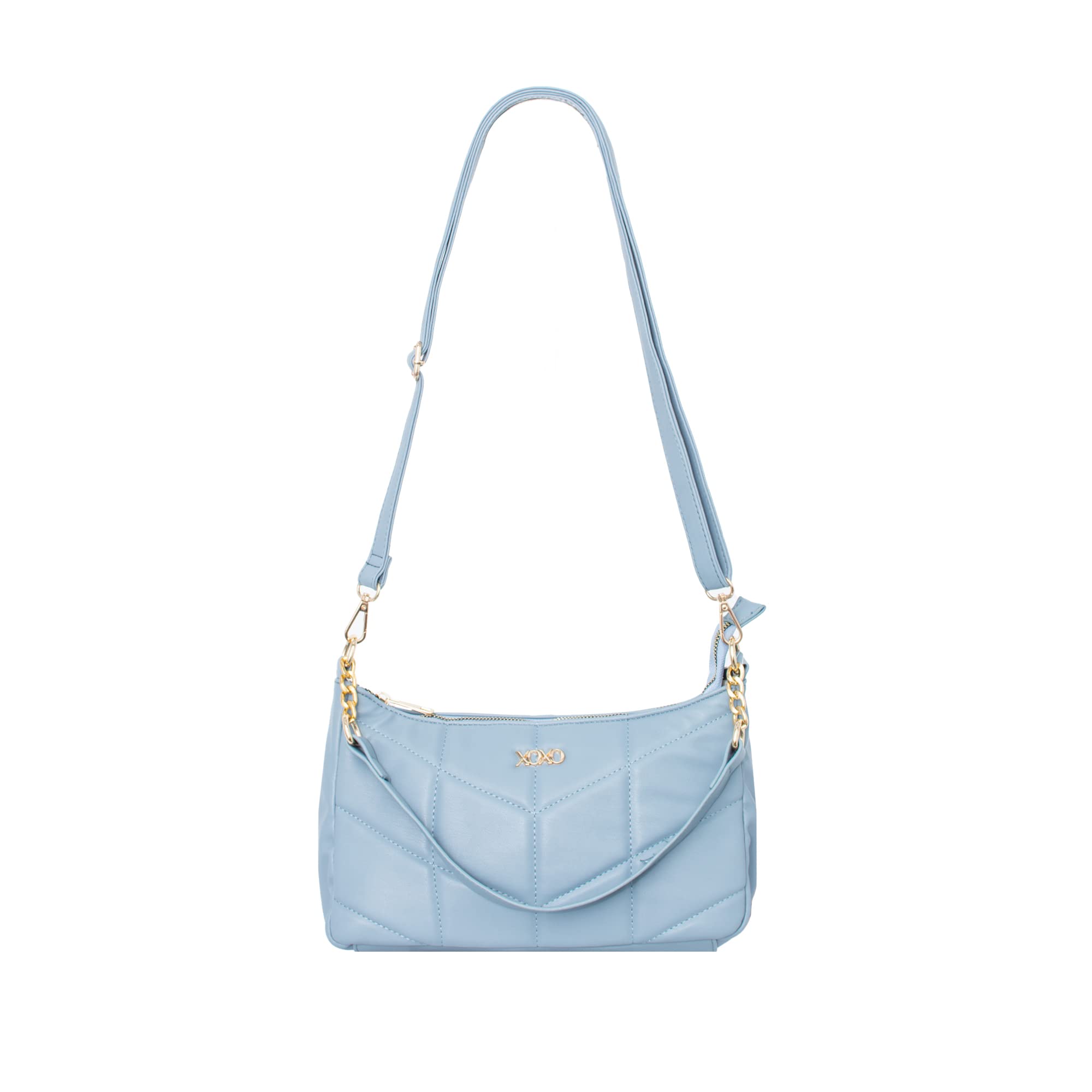 XOXO Women’s Blue Chevron Vegan Leather Quilted Pattern Crossbody Bag With Adjustable Strap