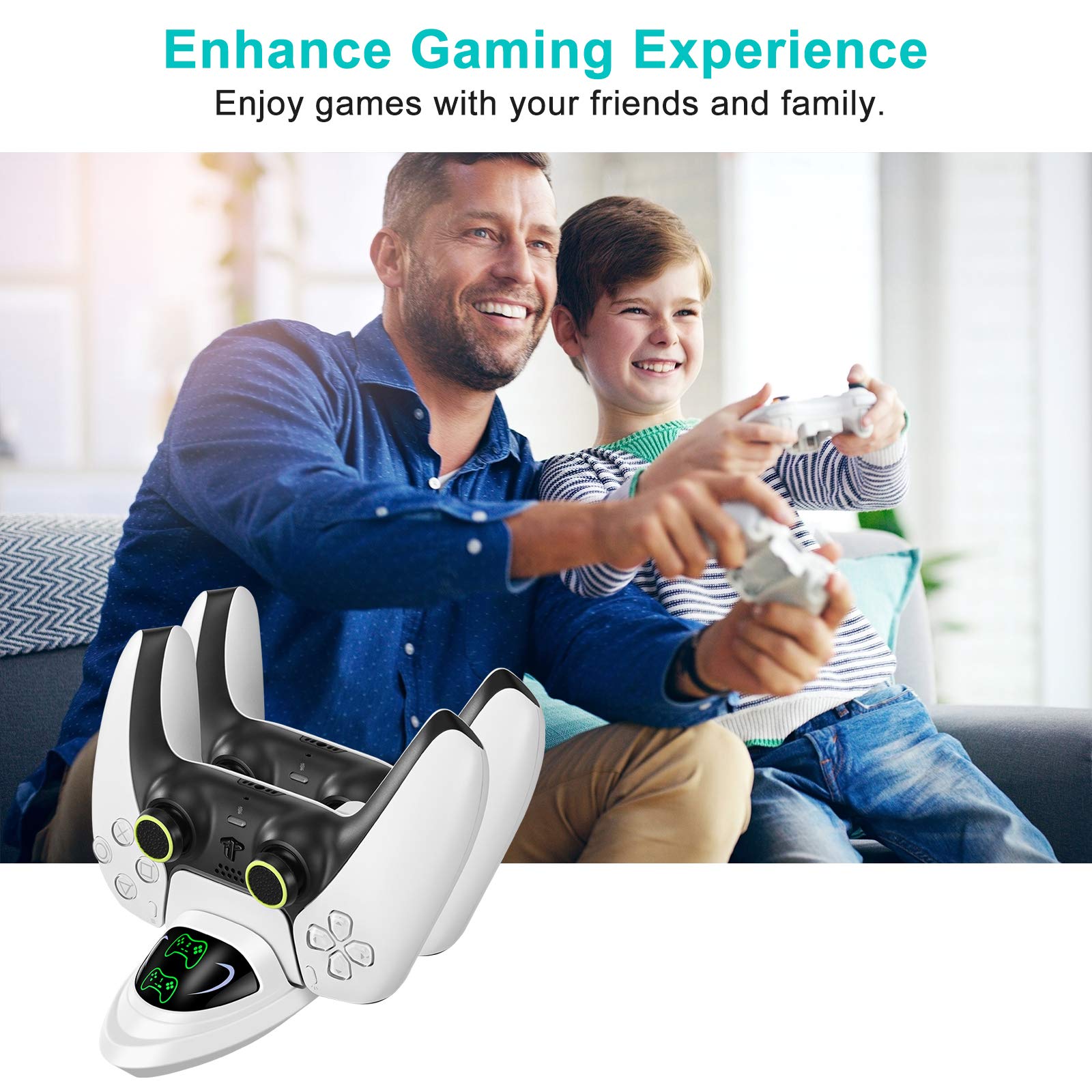 Newest PS5 Controller Charging Station, DOUBLEFISH Upgrade PS5 Console Charger with 2A /5V Fast Charging Cable, LED Indicator, DaulSense Charger Compatible for Sony Playstation 5 Controller, White