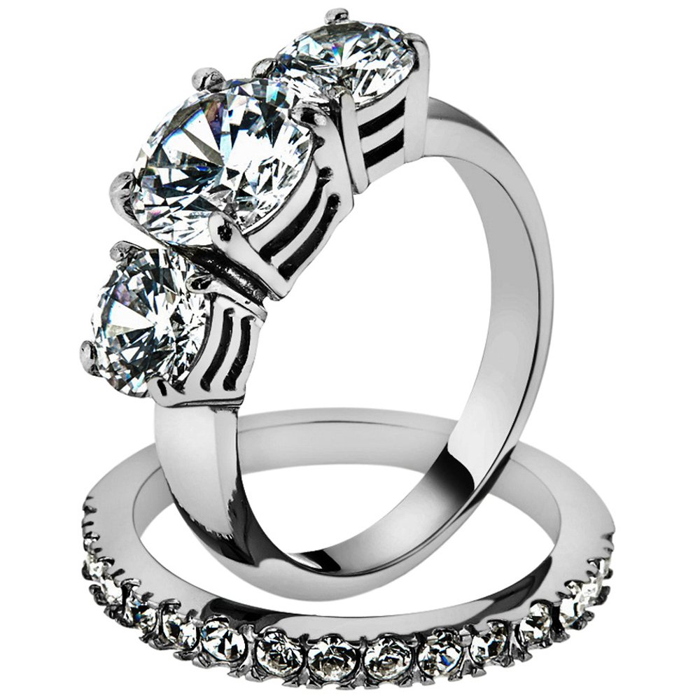Marimor Jewelry Stainless Steel 4.17 Carat Round Cut 3 Stone Engagement and Wedding Ring Set Size 5