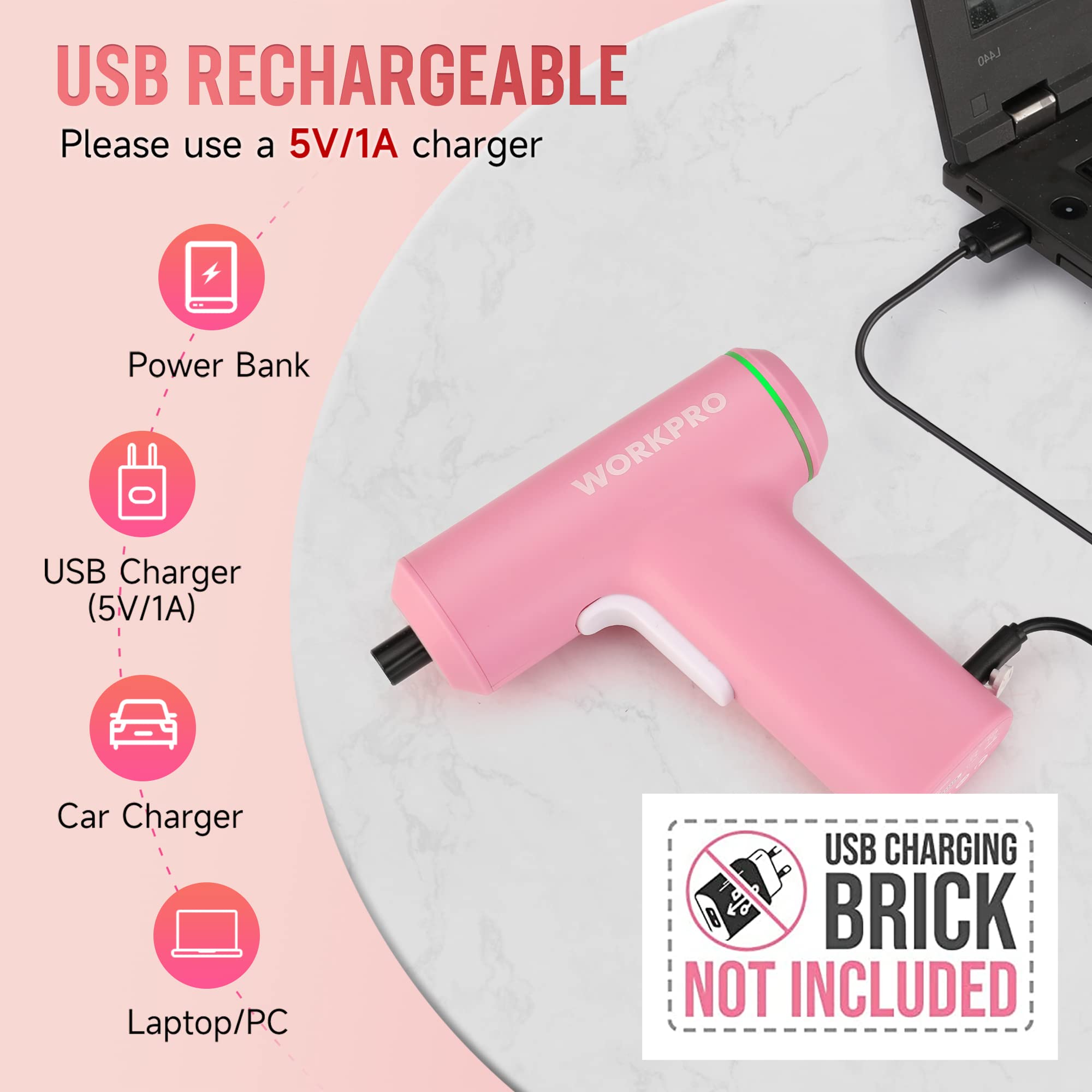 WORKPRO Electric Cordless Screwdriver Set, 4V USB Rechargeable Lithium-ion Battery Power Screwdriver Kit with LED Light, Screw Gun with 28pcs Accessories for Home, Office, Apartment Repair - Pink