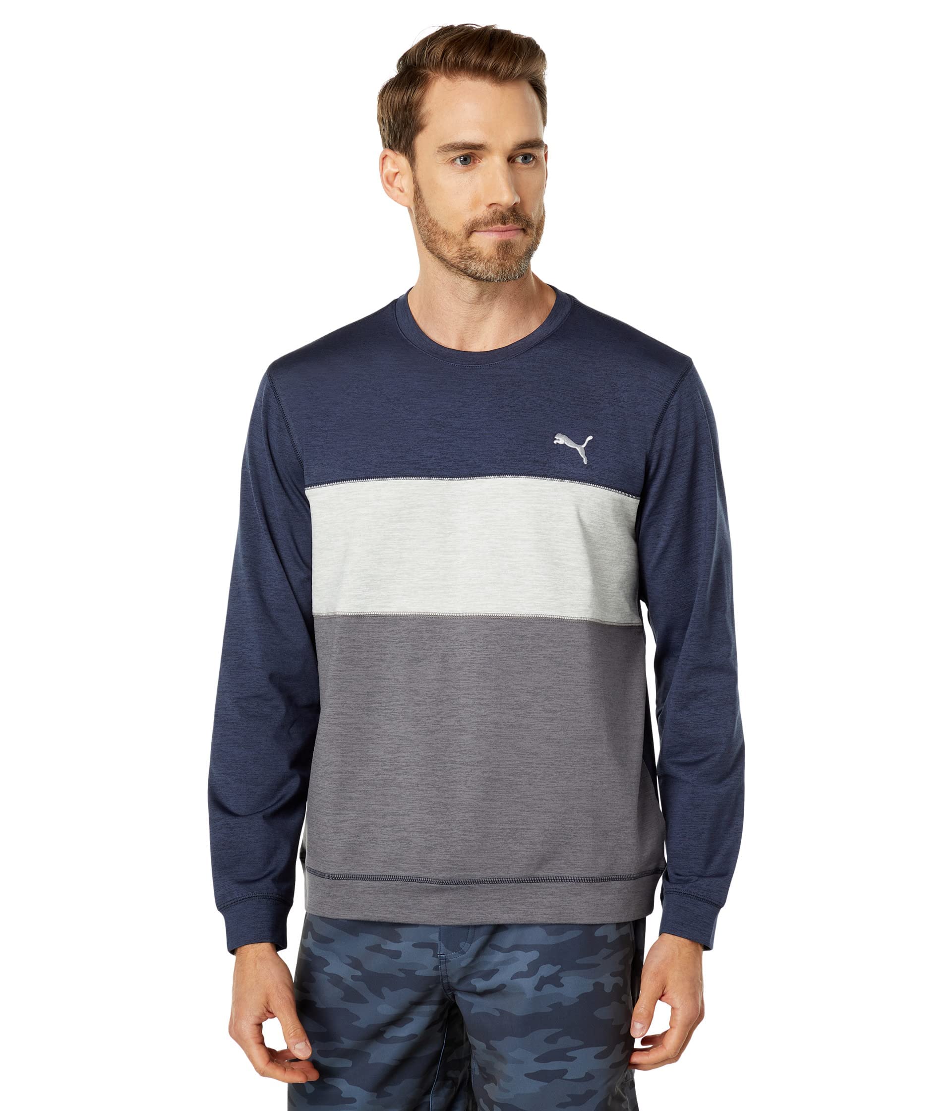 Puma Golf Men's CLOUDSPUN Colorblock Crewneck, Navy Blazer Heather-Quiet Shade Heather, L