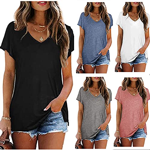 wodceeke Women's Short-Sleeved V-Neck Plain T-Shirt Casual Loose Basic Tee Summer All-Match Blouse Tops (White, L)