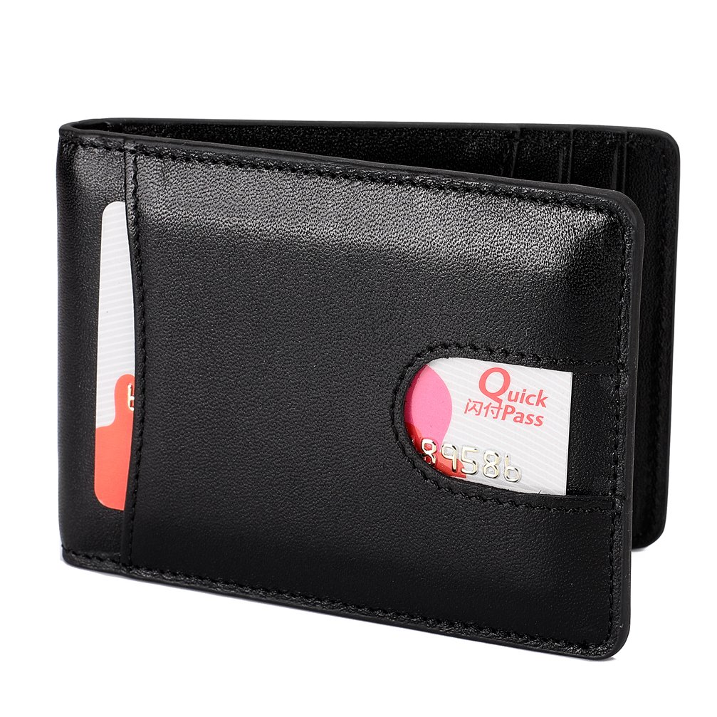 Mens Wallet Slim Genuine Leather Front Pocket Wallet for Men Billfold with ID Window Magnetic Money Clip Quick Access Slot and RFID Blocking - Black