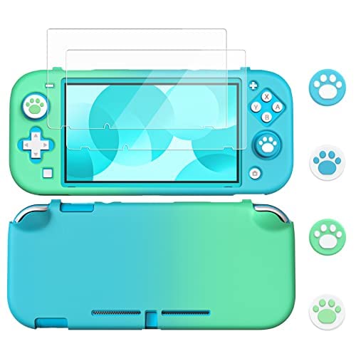 MoKo Protective Case Compatible with Nintendo Switch Lite, PC Protective Case Cover with 4 Thumb Grip Caps & 2 HD-Clear Tempered Glass Screen Protectors, Anti-Scratch Non-Slip Case, Blue + Green