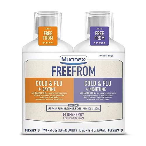 Mucinex FreeFrom Cold and Flu Daytime and Nighttime, Multi-Symptom Relief, Cherry, 6 Fl Oz (Pack of 2)