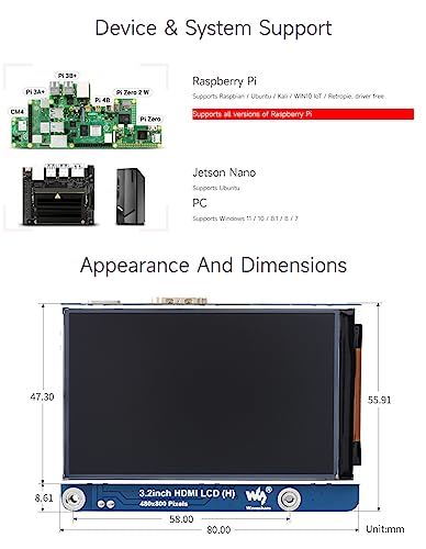 waveshare 3.2inch HDMI IPS LCD Display Compatible with Raspberry Pi 4B/3B+/3A+/2B/B+/A+/Zero/Zero W/WH/Zero 2W CM3+/4 Series Boards 480×800 Resolution No Touch Supports Jerson Nano/Windows