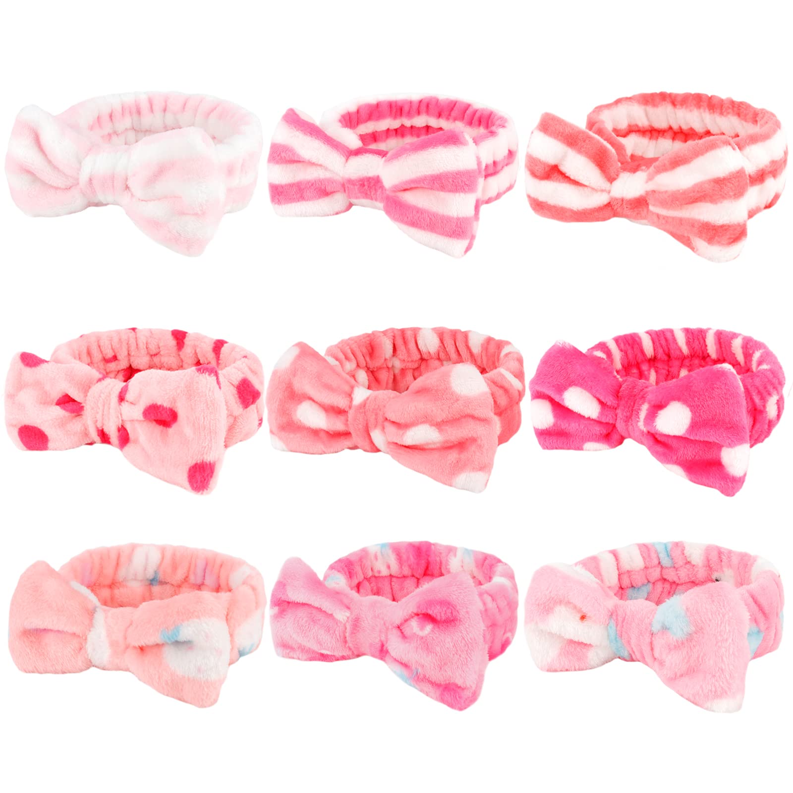 WHAVEL 9 Pack Pink Microfiber Hairband for Washing Face, Makeup Headband Skincare Headbands with Cute Bow, Fluffy Face Wash Headband for Women