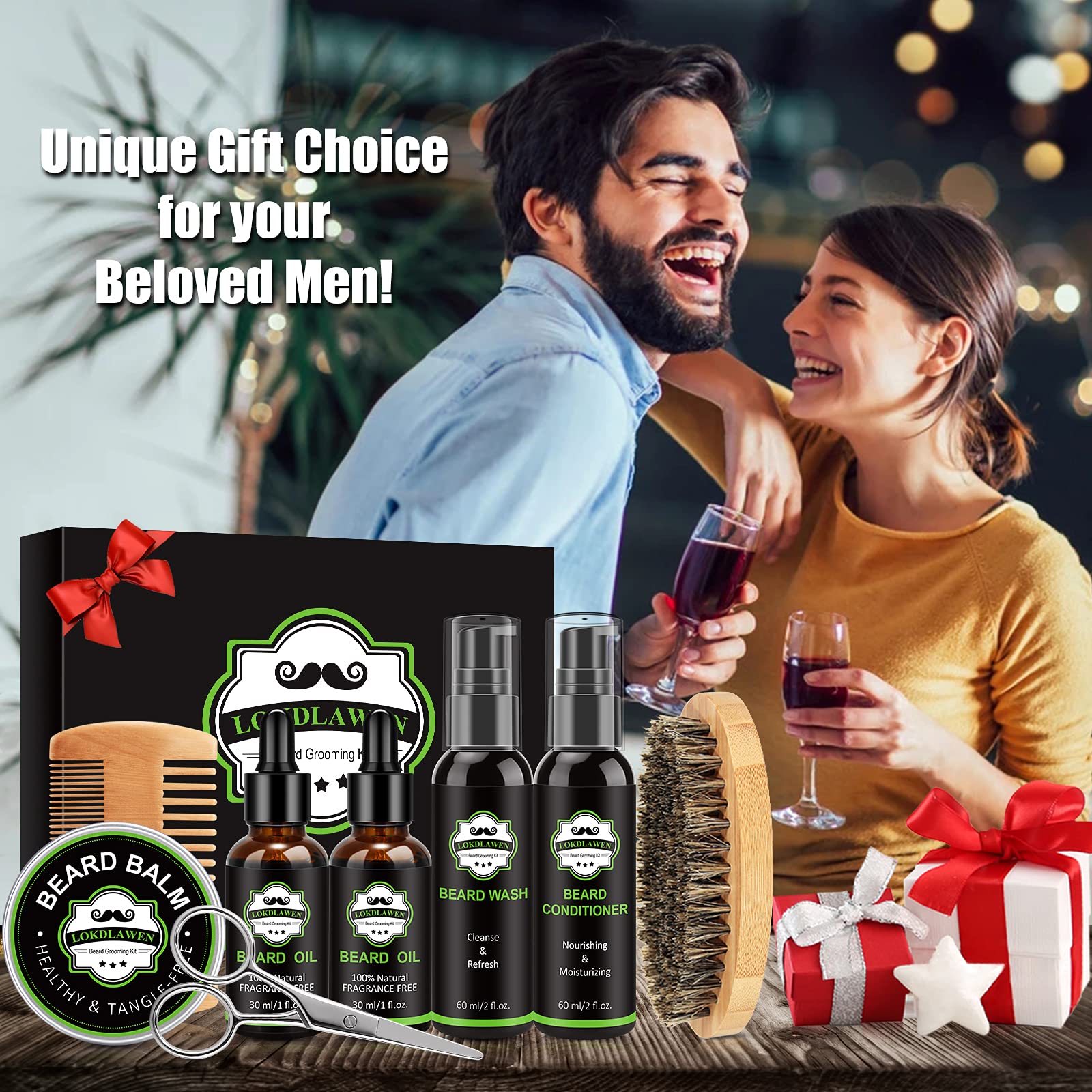 LOKDLAWEN Beard Kit for Men with Beard Wash, Beard Conditioner, Beard Oil, Beard Balm, Beard Brush, Beard Comb, Beard Scissors, Storage Bag, Gifts for Men Dad Husband Boyfriend