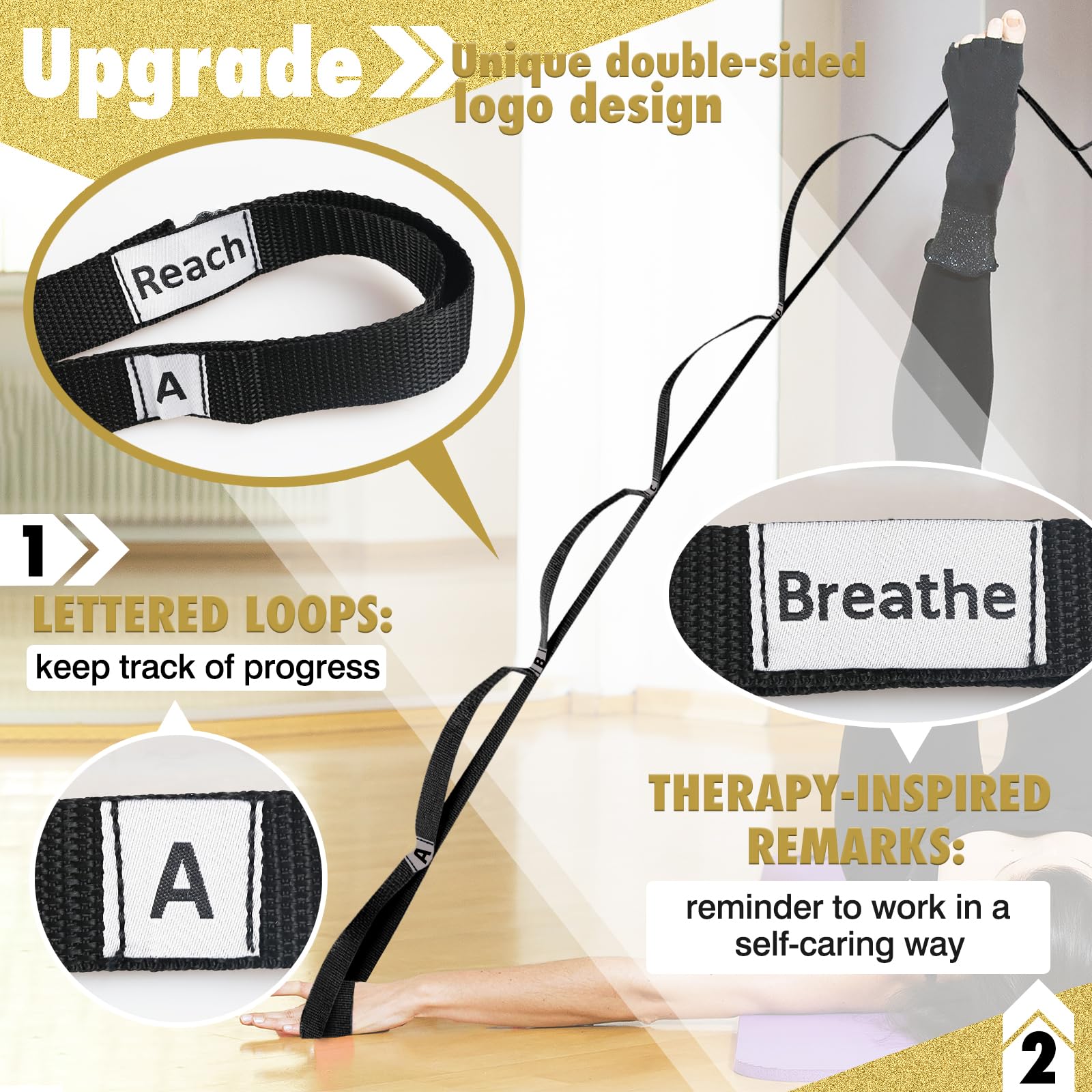 LXLOVESM 2 Pack Stretching Straps Yoga Strap for Physical Therapy,10 Loops Non-Elastic Stretch Bands for Exercise, Pilates, Dance,Gymnastics,with Letters & Inspirational Remarks (Pink+Black)