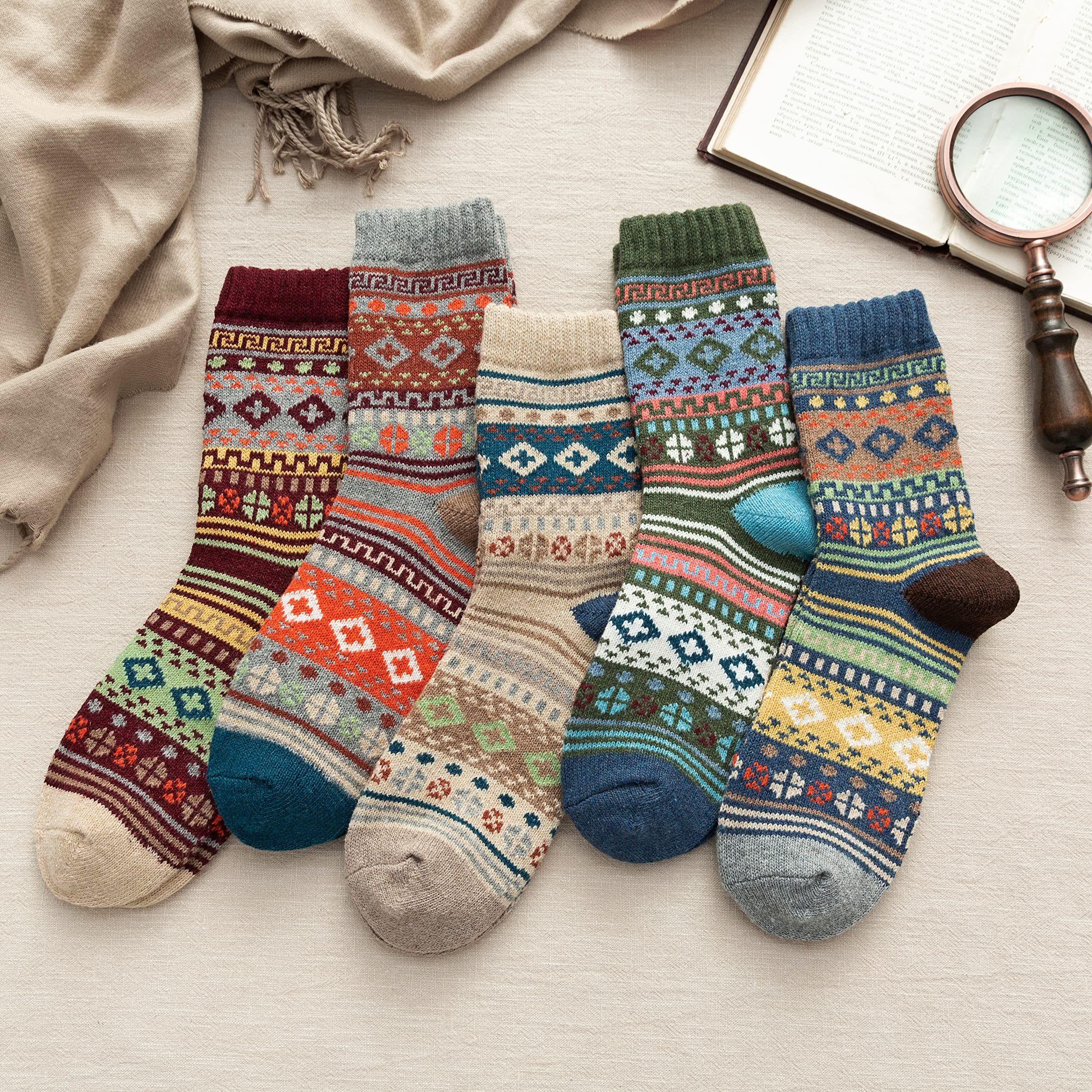 Norther30° 5 Pairs Women Winter Socks Cotton Soft Breathable Wool Socks for Men or Women Warm Thick Crew Socks