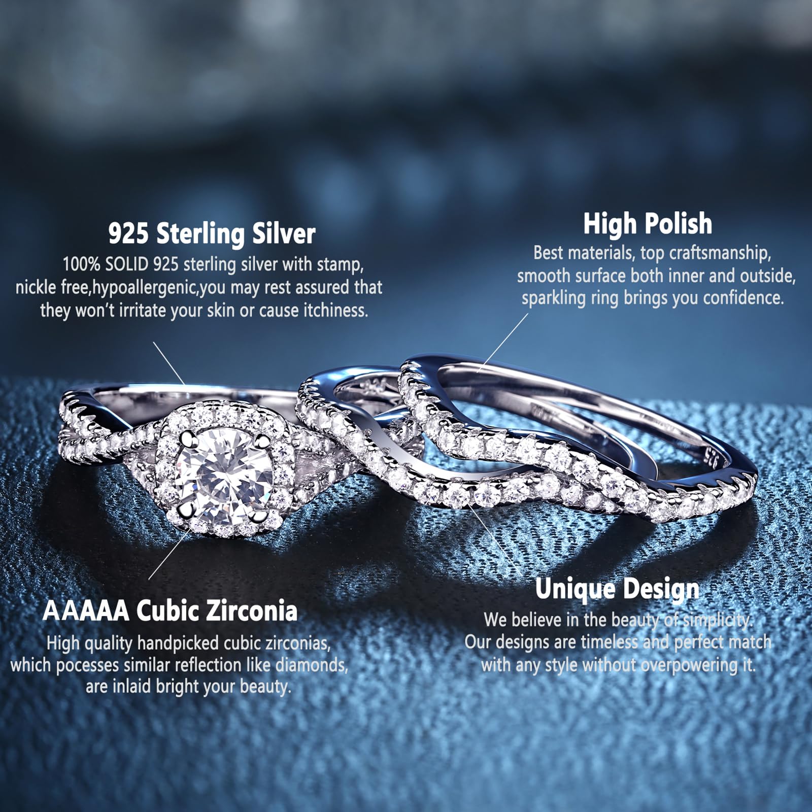 Newshe Engagement Wedding Ring Set for Women 925 Sterling Silver 3pcs Round White AAA Cz Size 7.5