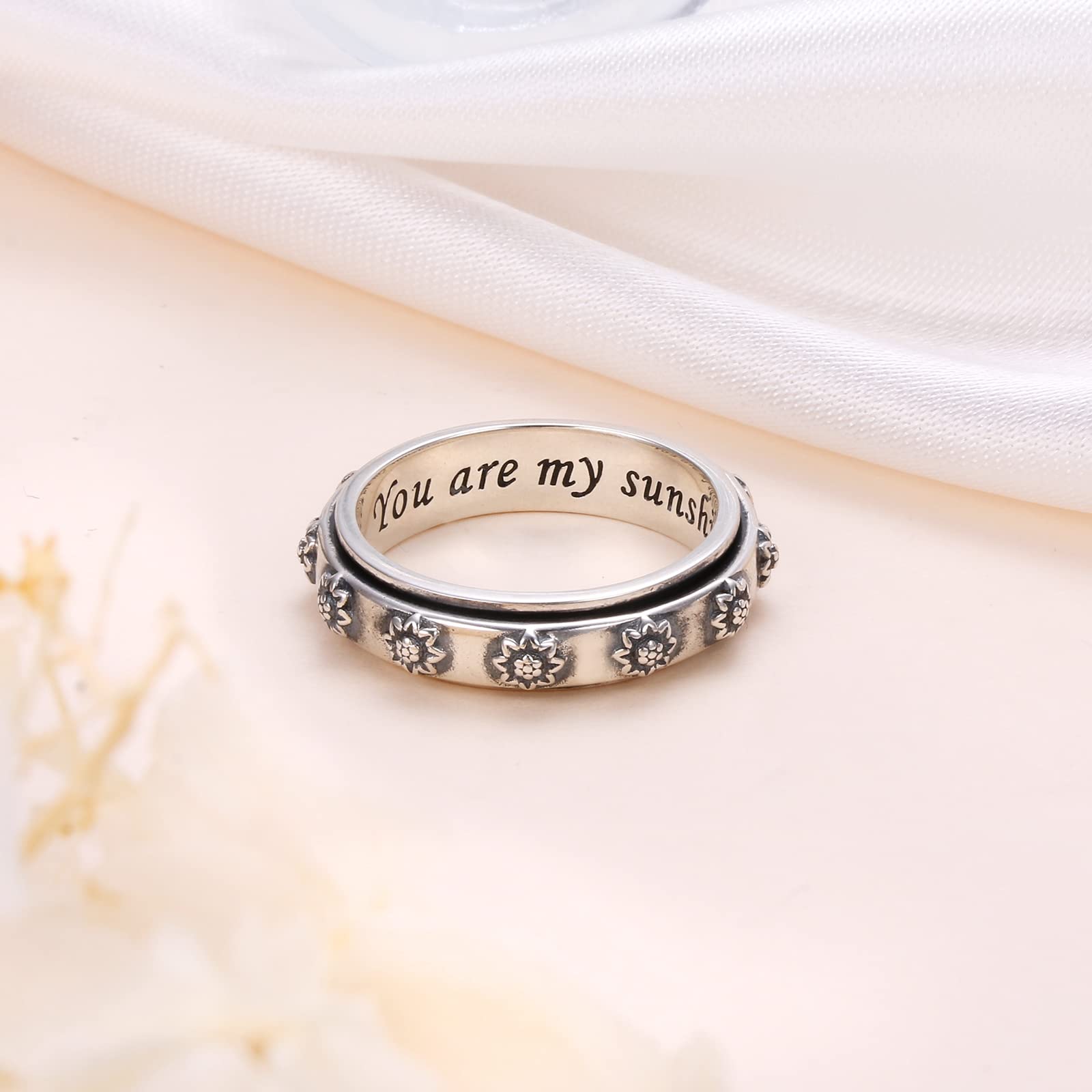 Spinner Ring Fidget Ring for Anxiety Sunflower Sterling Silver Stress Relieving ADHD Rings Women/Daughter Jewelry Gift Size 9