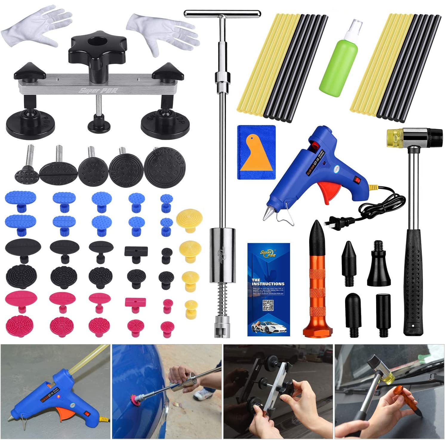 Paintless Dent Puller Kit with 34pcs Glue Pull Taps Repair Dents in All Parts of The Car 2in1 Slide Hammer Dent Remover for Big Dents Bridge Dent Puller Repair Small and Medium Dents