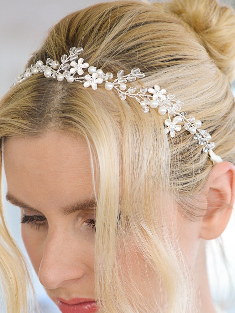 Mariell Crystal Bridal or Wedding Halo Headband with Silver Flowers, Ivory Pearls and Ivory Satin Ribbon
