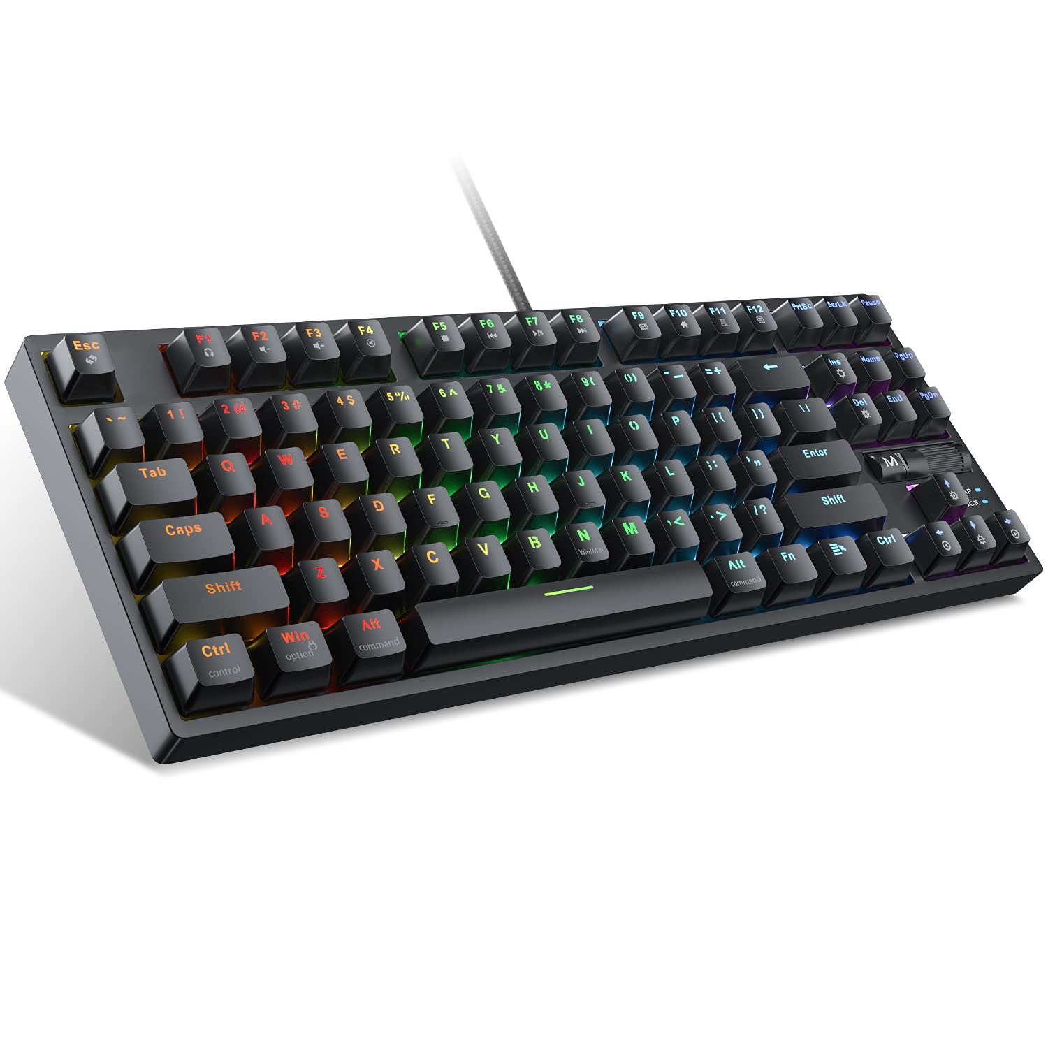 RECCAZR TK18 TKL Mechanical Gaming Keyboard RGB Rainbow Backlit Compact Wired Keyboard with Roller Controller and Anti-Ghosting for Windows PC (87 Keys, Red Switches)