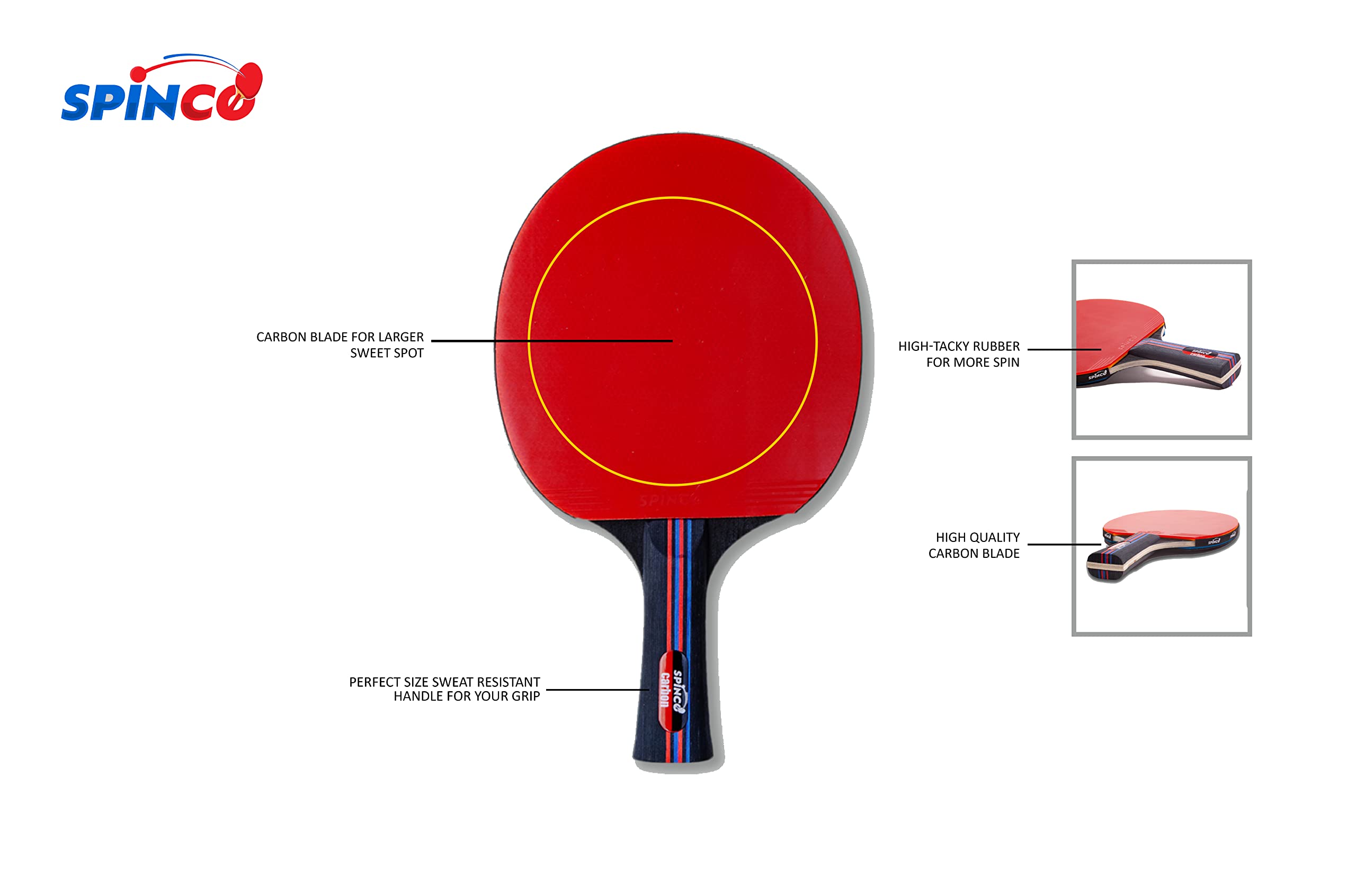 Spinco Carbon Pro Ping Pong Paddle Set of 4 | 2 Layer Carbon Blade with 5 ply Wood | Eight 3-Star Premium 40 + ABS Balls | Beautiful Storage Case.