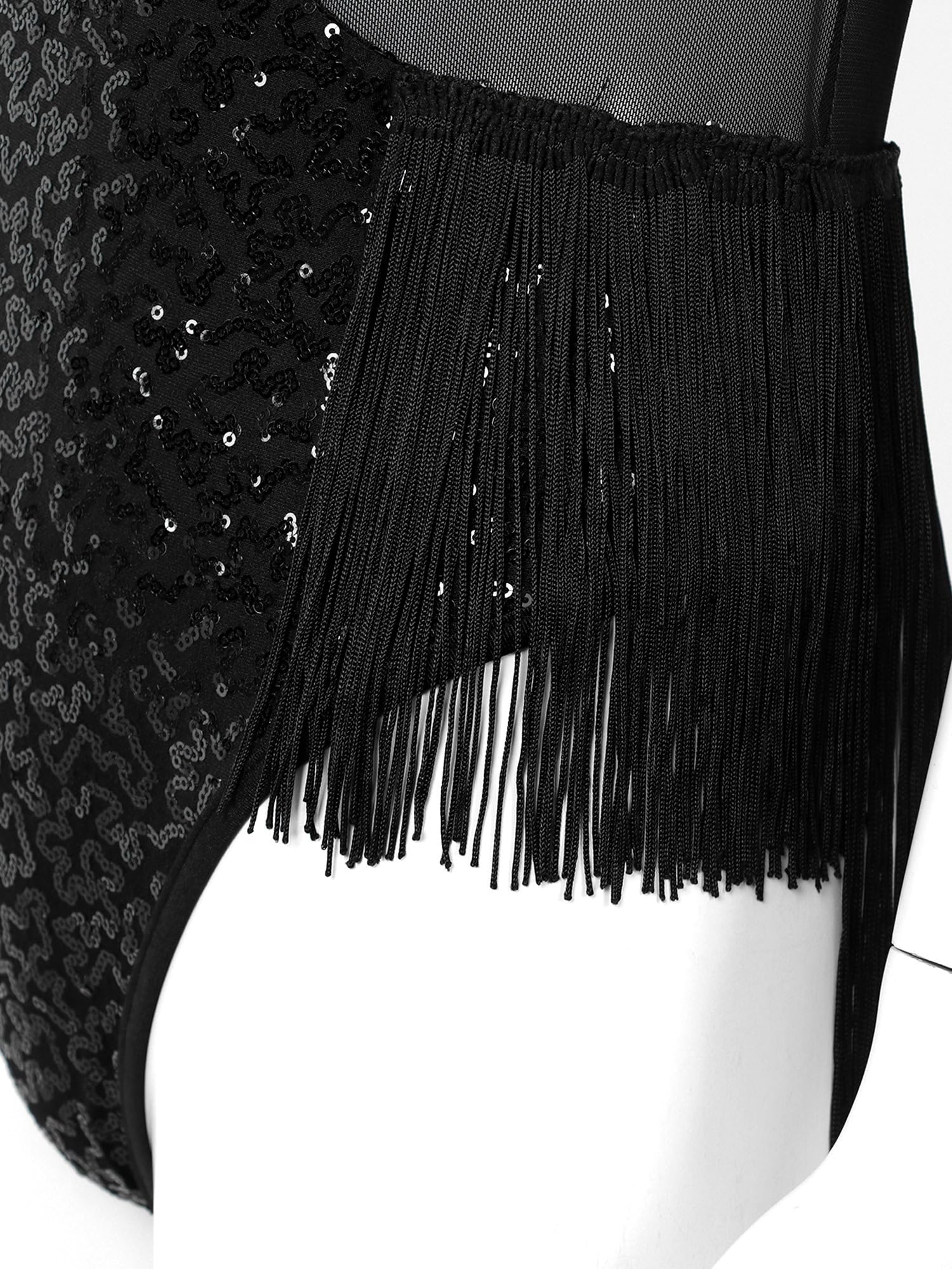 Moily Womens Mesh Inset Sequin Leotard with Fringe Keyhole Back Latin Cha-Cha Dancewear Costumes Black Medium