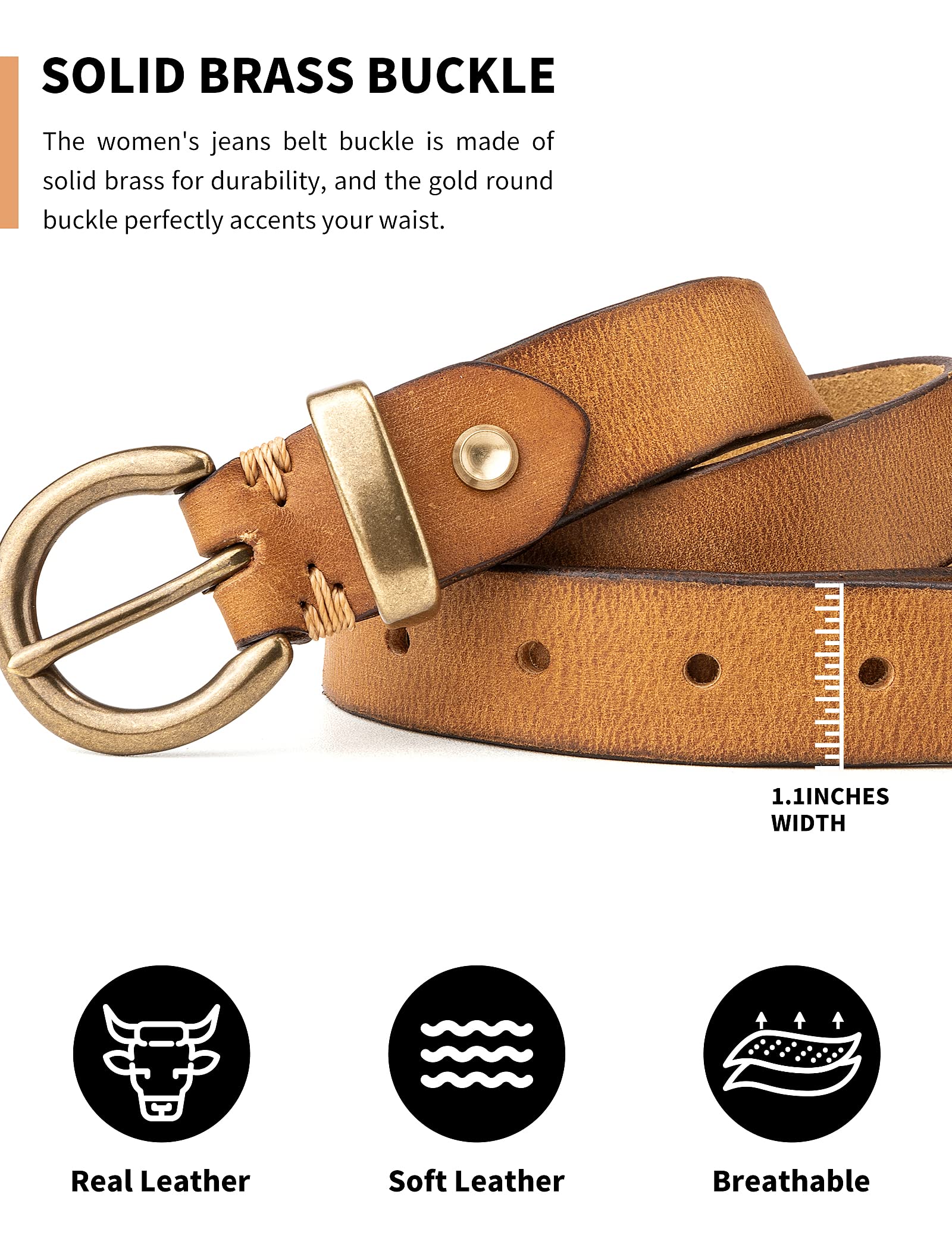 TYWestyles Womens Belt for Jeans Genuine Leather Belt Vintage Solid Brass Circle buckle Gift Box Packaging (Tan-1, Fit Waist 30(Pants 4)