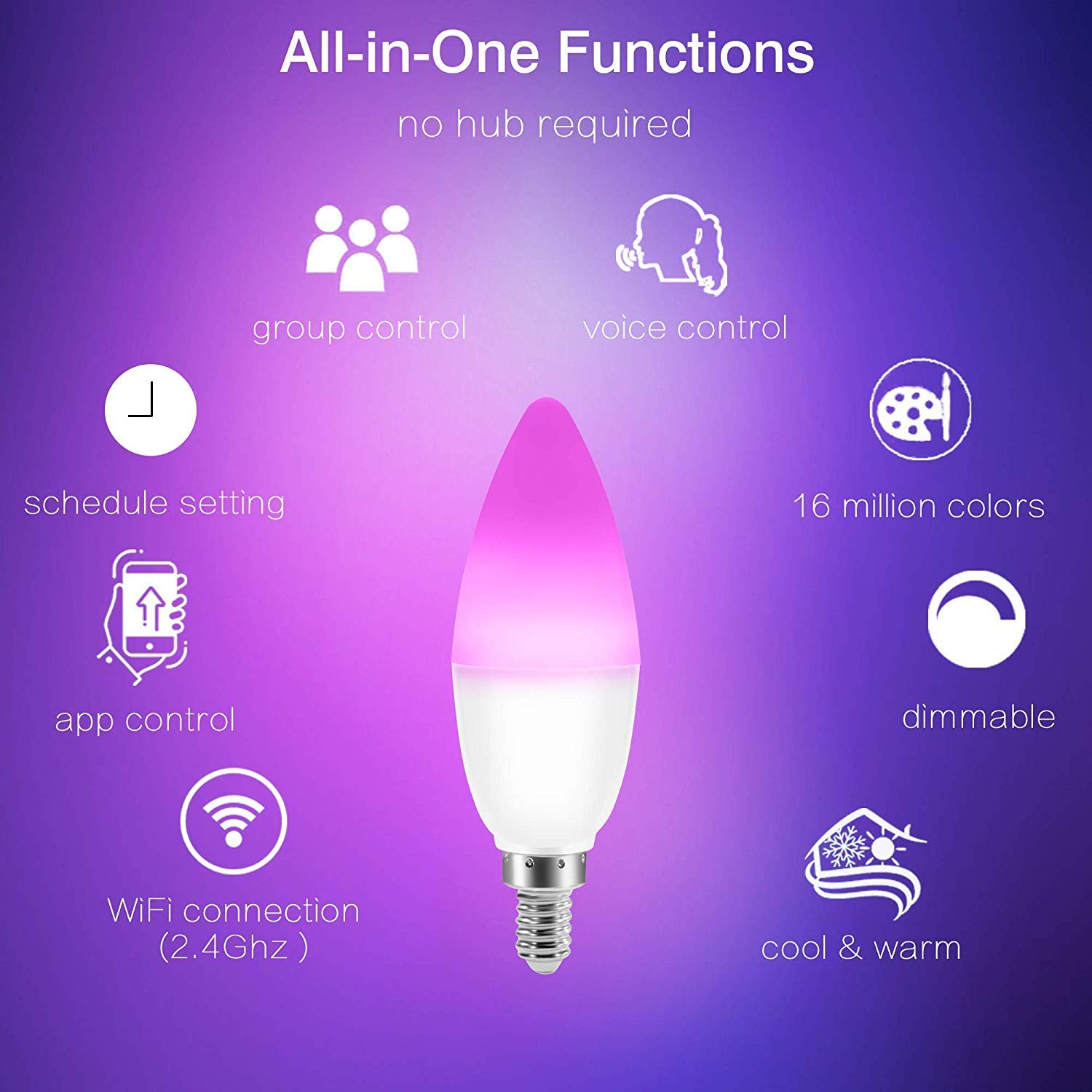 OHLUX Smart Light Bulbs, E12 LED Bulb, Smart WiFi Candelabra Light Bulbs, 5W (50W Equivalent) 450LM Color Changing Work with Alexa Google, for Ceiling Fan, Chandelier, Pendent Lighting Fixture, 4 Pack