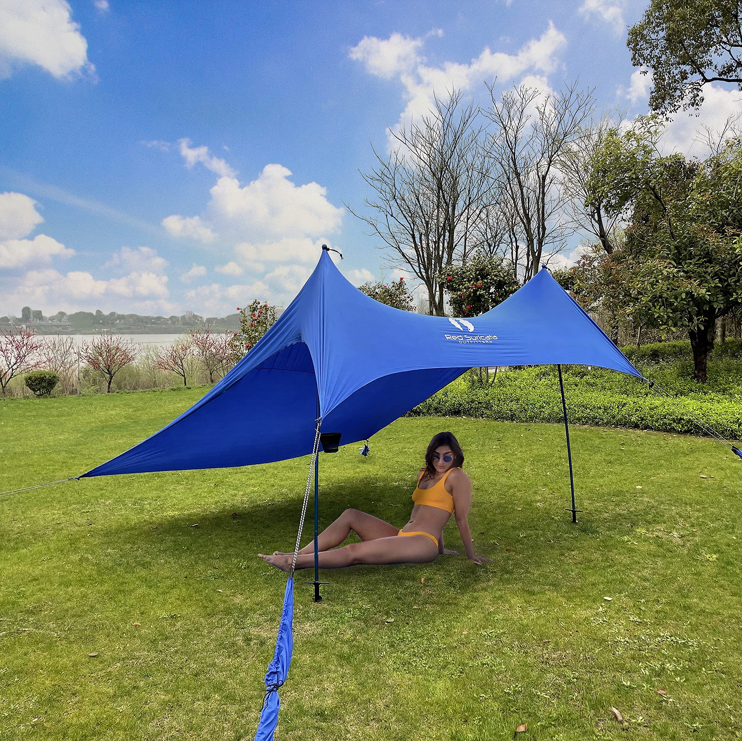 Red Suricata Premium Multi-Terrain Beach Tent & Beach Canopy in Backpack, UPF50 Sun Beach Shade, Pop Up Camping & Picnic Sunshade with 4 Poles, 4 Pole Anchors & 4 Tent Screws, Sun Shelter (Lrg Blue)
