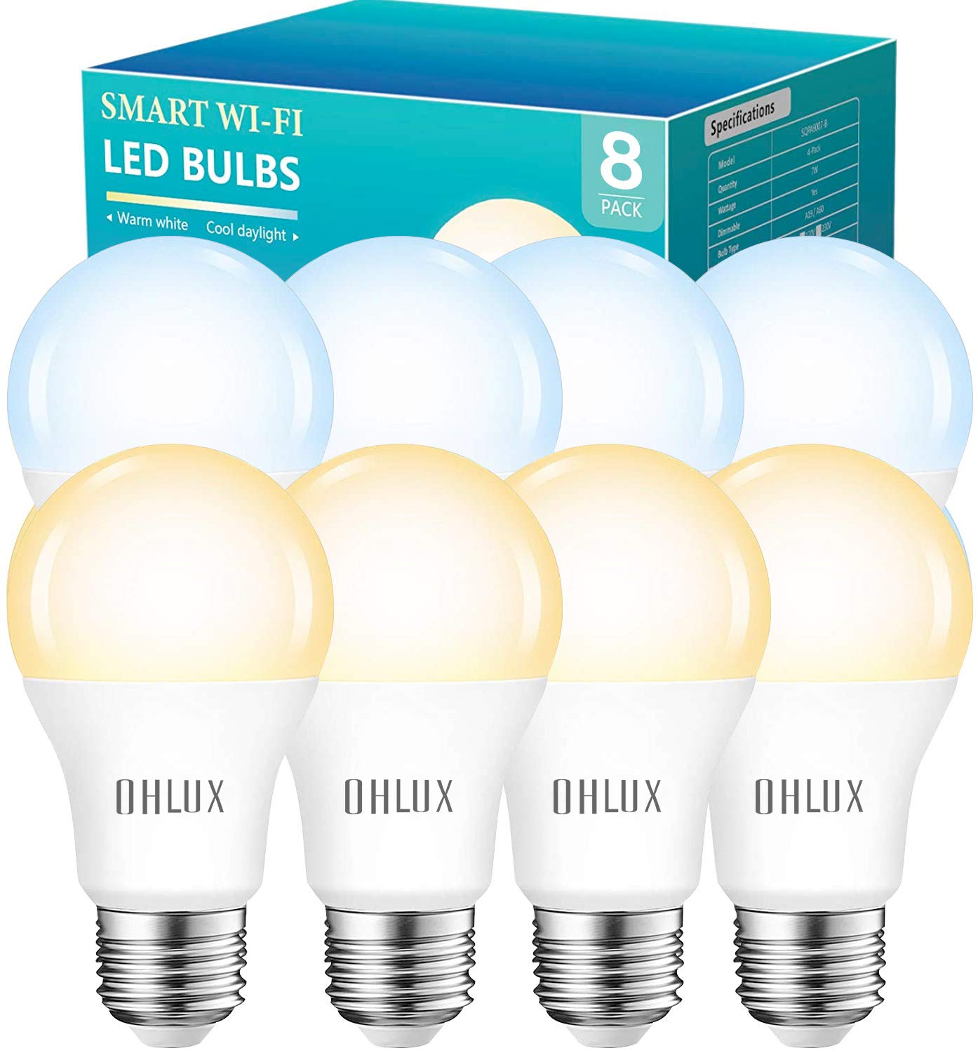OHLUX Smart WiFi & Bluetooth Light Bulbs Work with Alexa Google Home Siri, 10W 900lumen LED Light Bulb Dimmable 2700K Warm Light to 6500K Daylight, A19 E26 (100W Equivalent) 8Pack