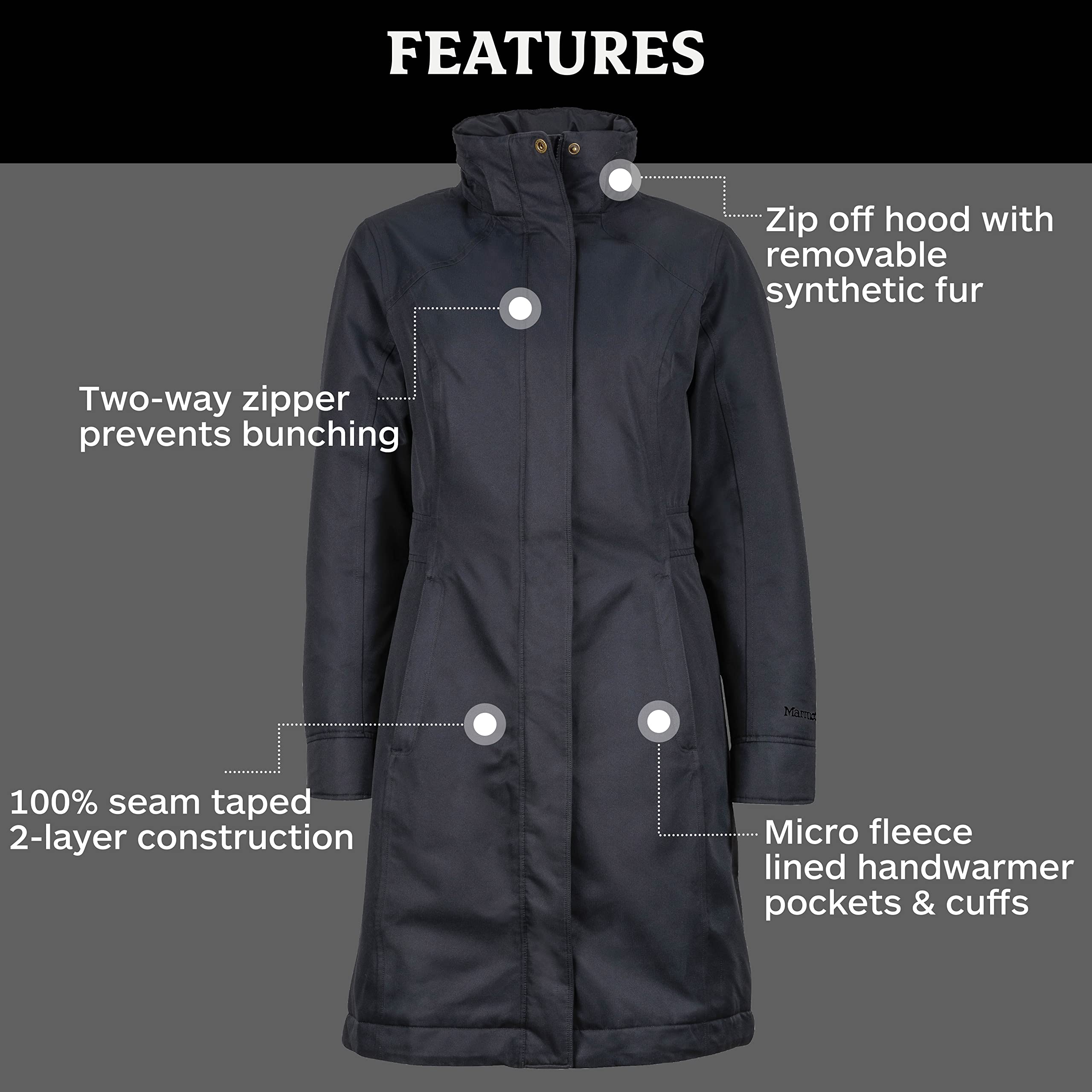 MARMOT Women’s Chelsea Rain Coat | Down-Insulated, Waterproof, Jet Black, Small