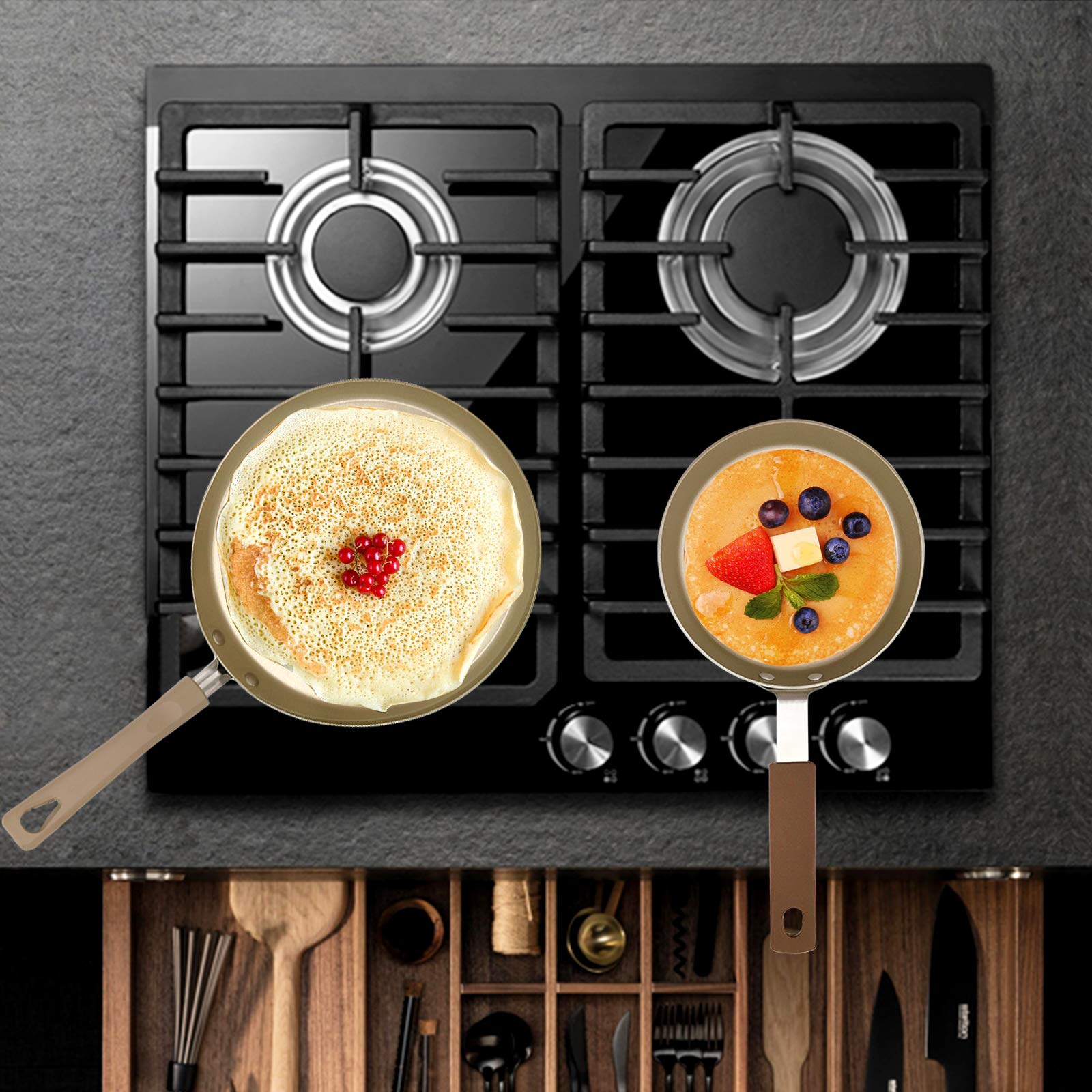 Soldadito Crepes Pancake Pans Nonstick Frying Pan Induction Omelette Skillet Carbon Steel Griddle Flat Pan Crepe Maker with Accessories for Pancakes Burritos Tacos Tortilla Omelette 8In