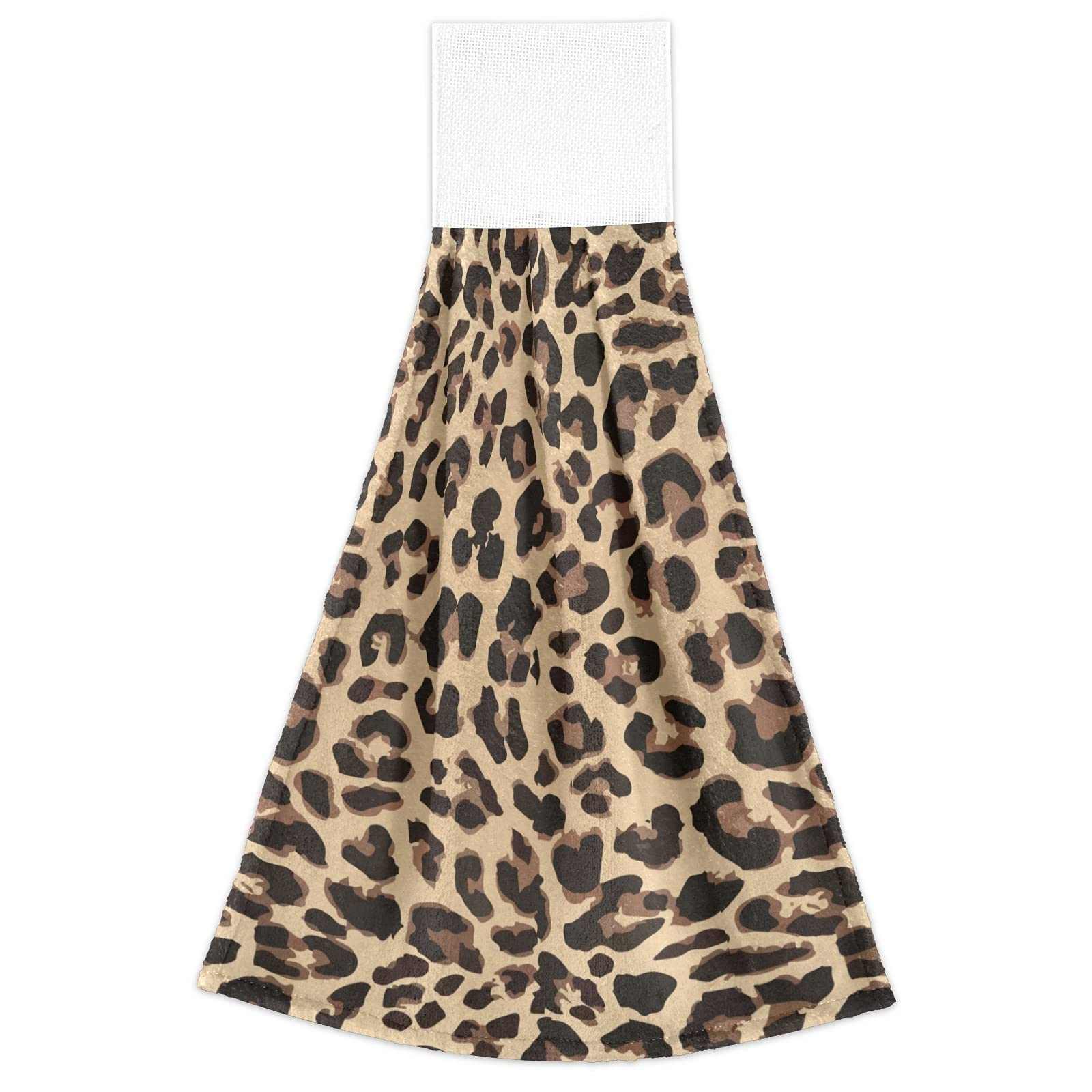 susiyo Brown Leopard Animal Print Hanging Kitchen Towels, 2 Pcs Tie Towel Dish Cloth with Loop for Kitchen Decor