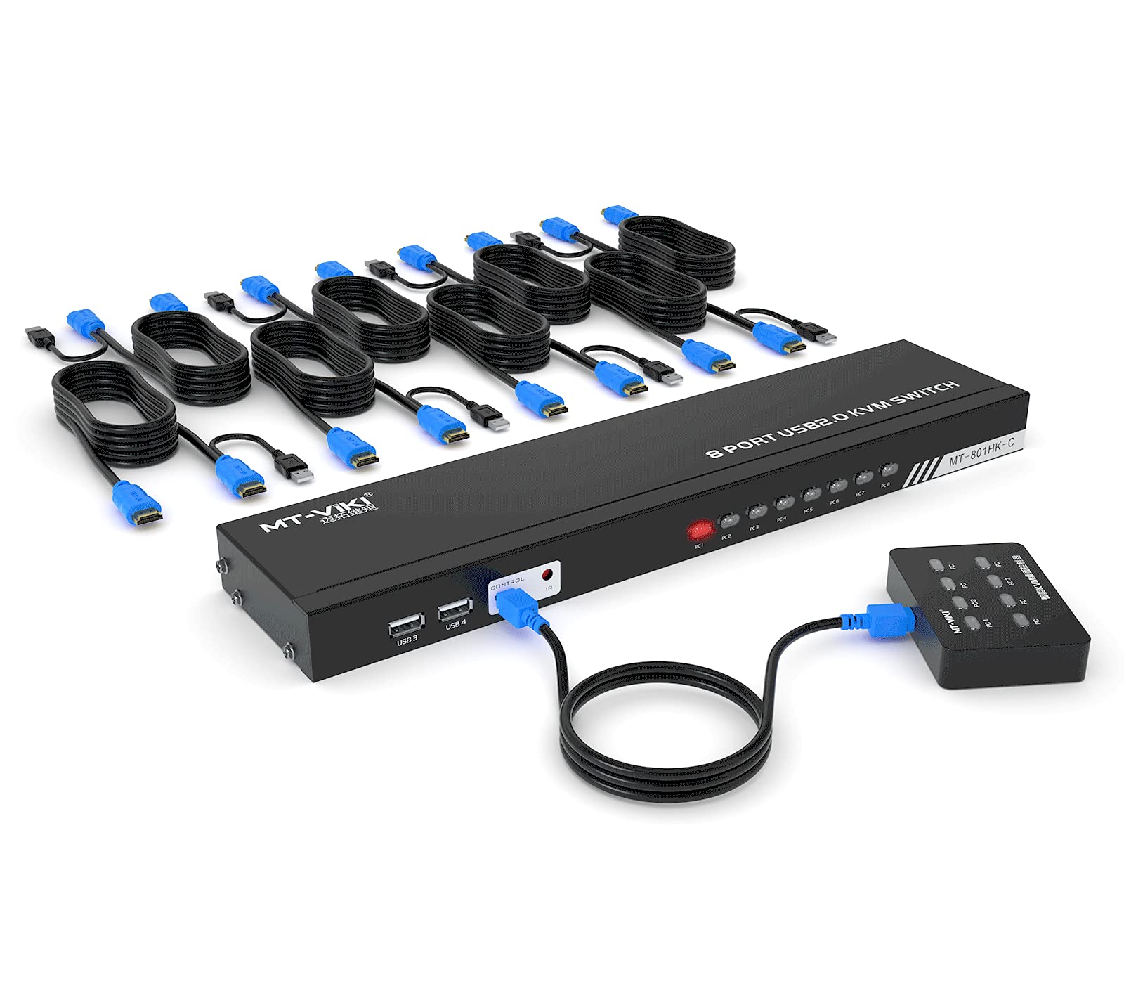 MT-VIKI 8 Port KVM Switch HDMI, 4K@30Hz 1U Rack Mount KVM HDMI Switch w/IR Remote & Wire-Desktop Controller & 8 HDMI KVM Cables & Rack Ears