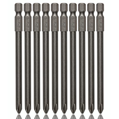 VESTTIO Phillips Cross Slot PH2#2 Long Screwdriver Bit Set 10PCS 1/4 Inch Hex Shank 4 Inch/100 mm Length S2 Steel with Magnetic for Power Screwdriver Drill Impact Driver