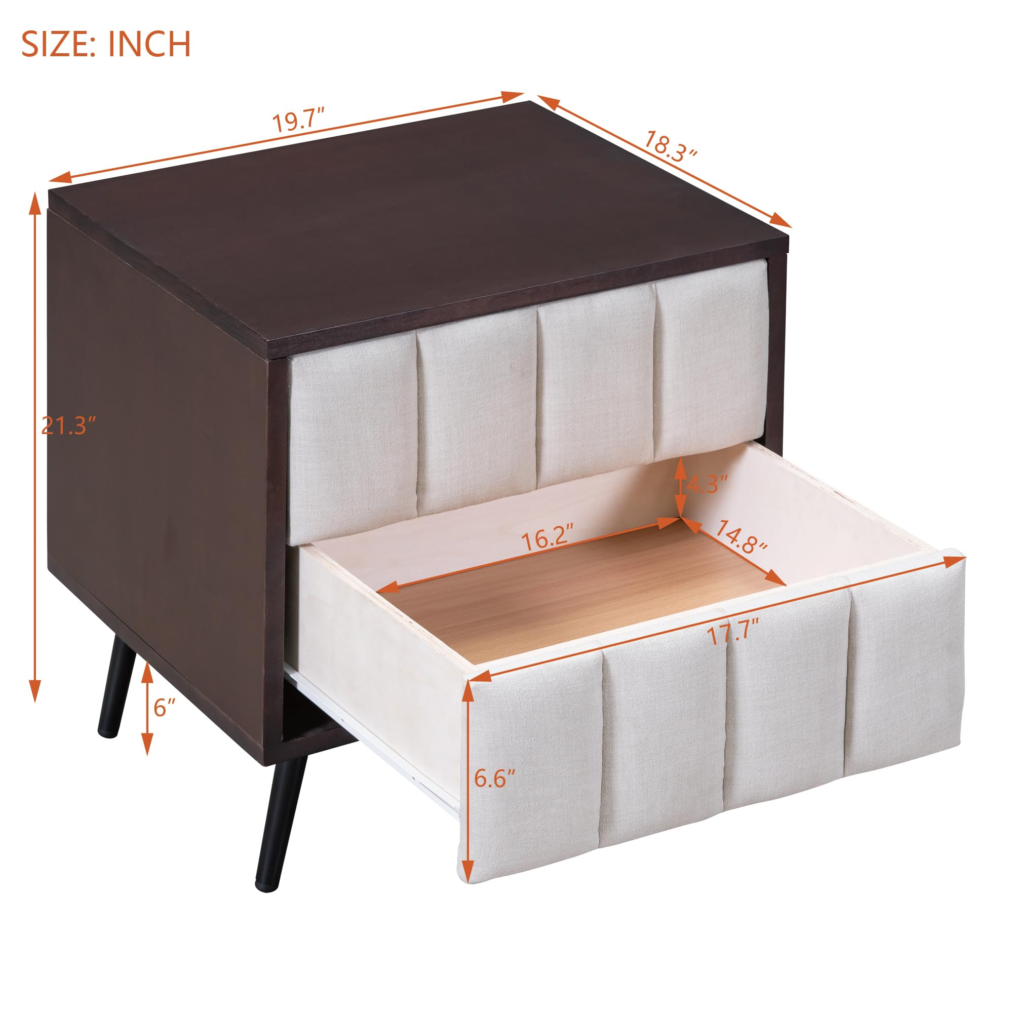 Modern Nightstand with 2 Drawers,Wood+Linen Bedside Table with Classic Design,Side Table for Bedroom,Living Room(Walnut+Beige)