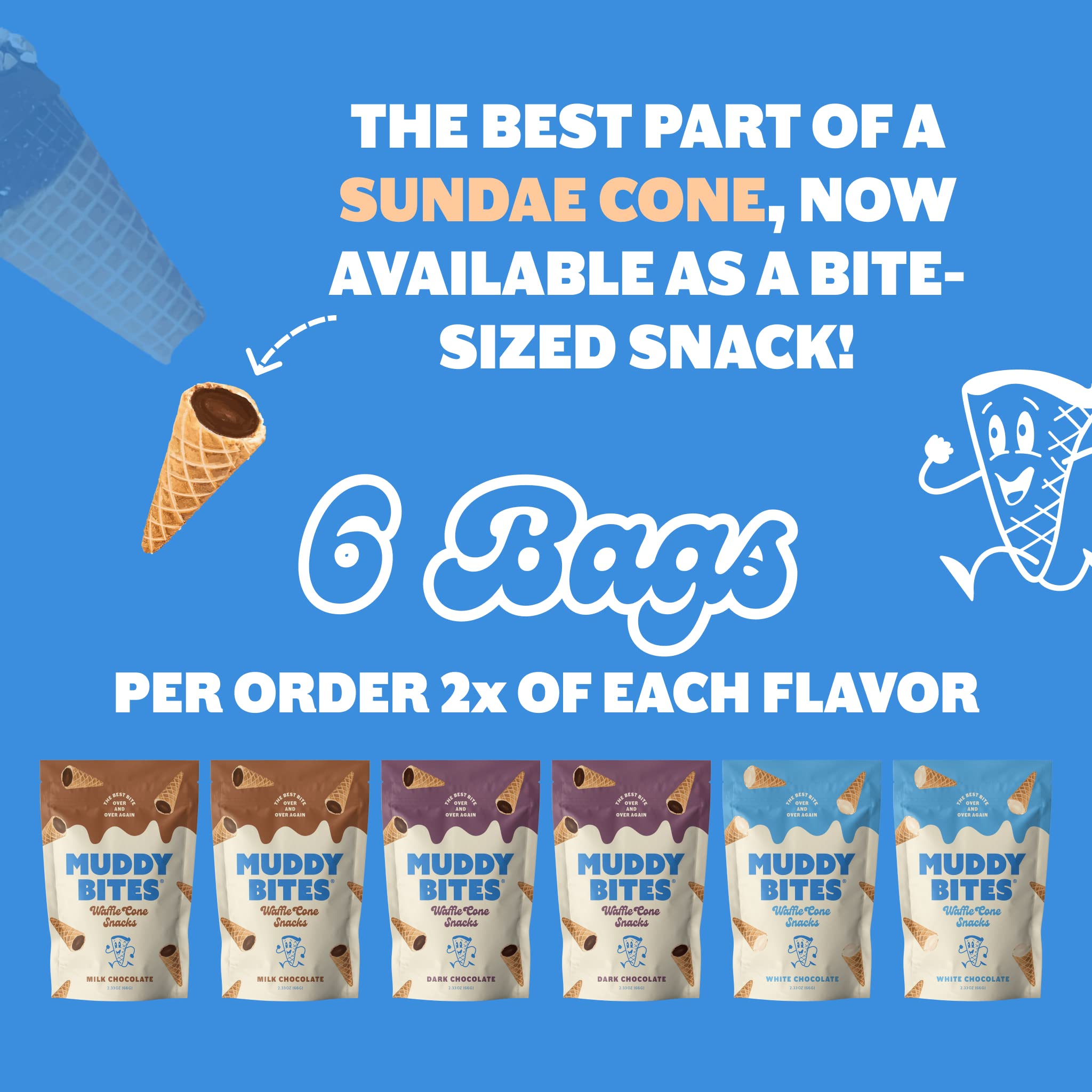 Muddy Bites Waffle Cone Snacks Bite Sized Chocolate Filled Waffle Cones for Snack or Dessert, Ice Cream Topping, Premium Chocolate made with Pure Cane Sugar, Non-GMO, Kosher (Variety Pack, 6 Bags)