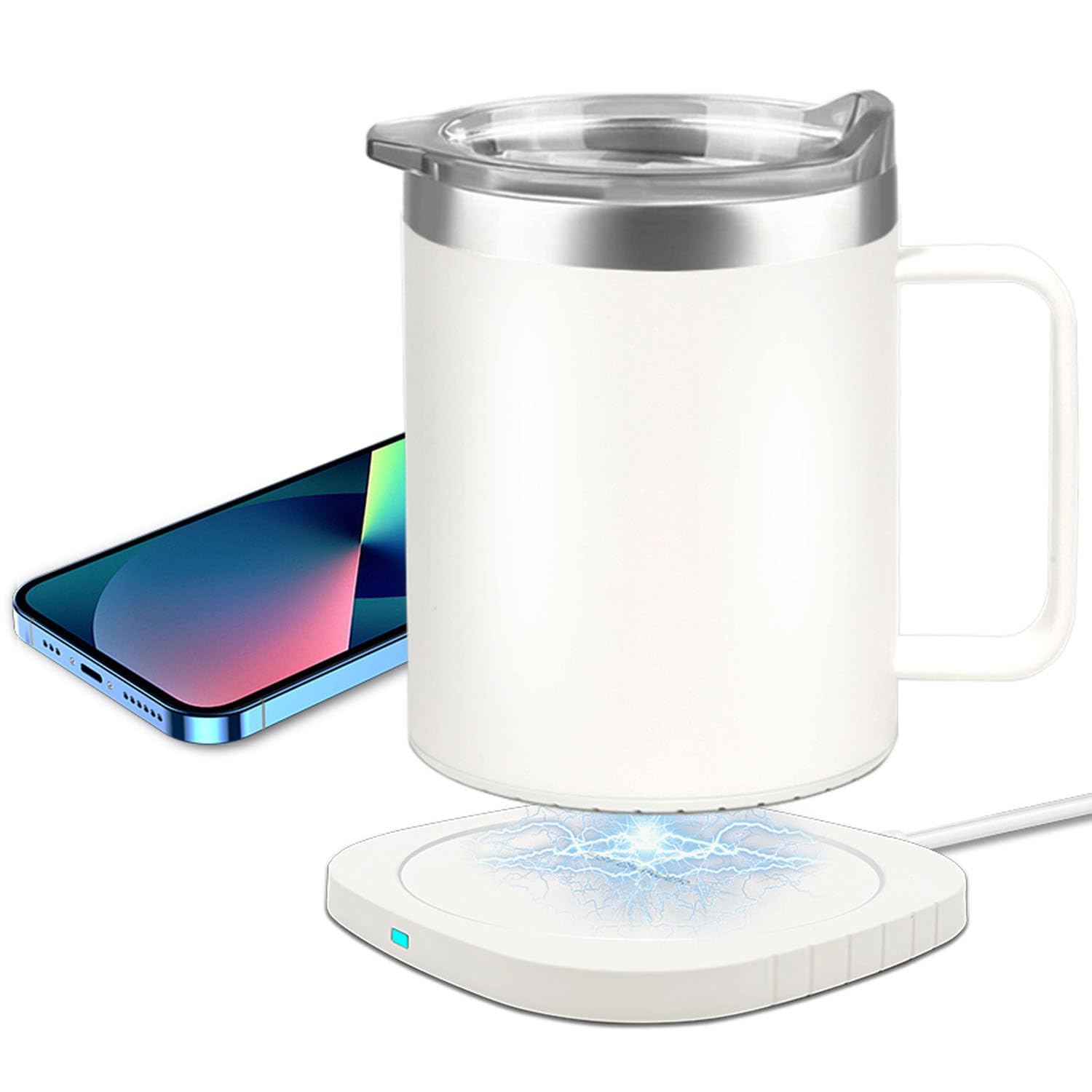 Self Heating Coffee Mug with Double-Layer 18/8 Stainless Steel,Coffee Mug Warmer Set,Fast Wireless Charger Includes,Heated Mug for Coffee (White 12oz)