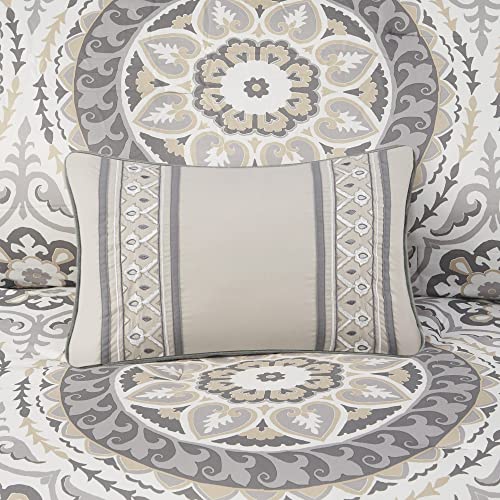 Madison Park Essentials Serenity Bed in a Bag Comforter Set, Medallion Damask Design, All Season Bedding with Cotton Sheet Set, Bedskirt, Queen(90"x90"), Taupe 9 Piece