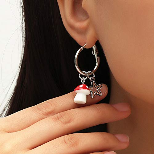 Star Moon Mushroom Necklace Earrings Set,Simulation Acrylic Red Mushroom Drop Earrings for Girls,Long Tassel Mushroom Shape Dangle Earrings for Women (4pair)