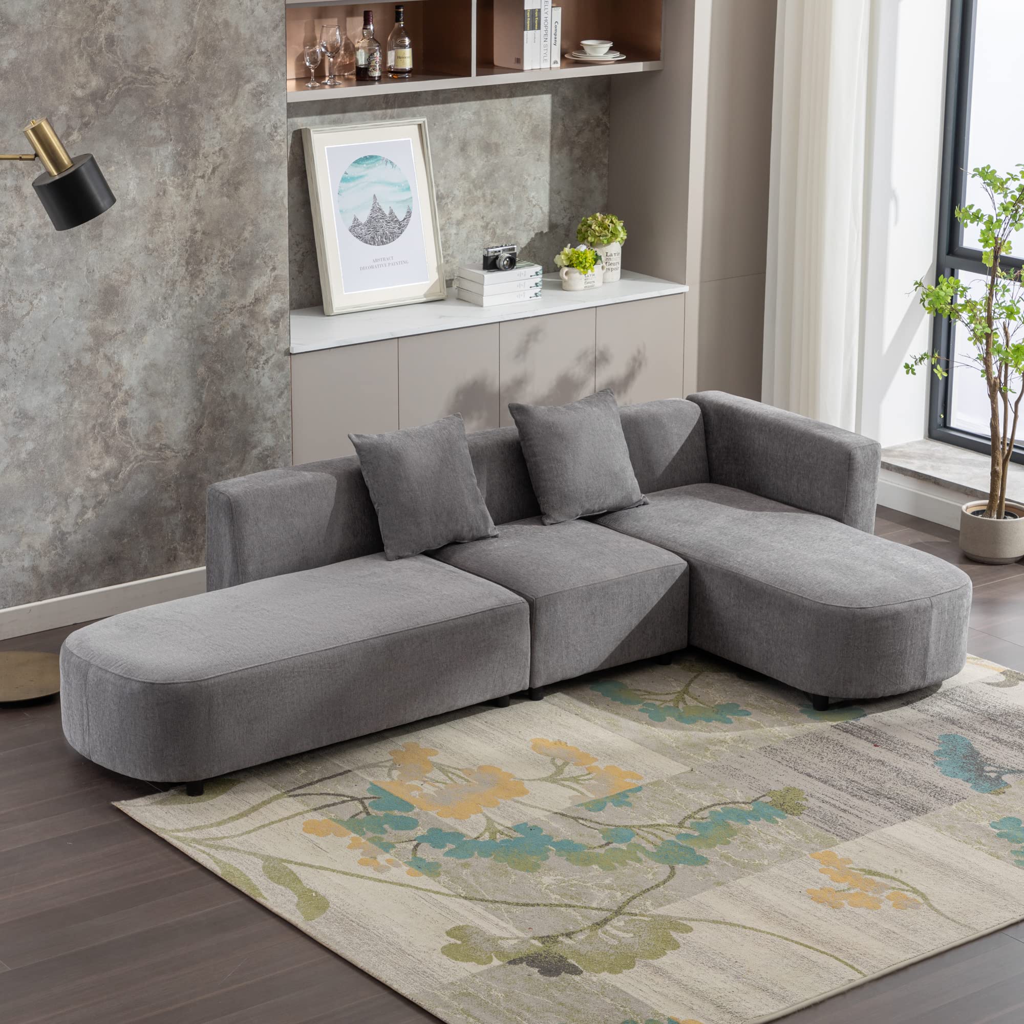 Modern Style 4-Seat Couch, Upholstery Velvet Sofas Living Room Furniture Sets, Modular Sectional Sofa with 2 Comfortable Pillows for Bedroom Living Room Office Apartment, Easy Assembly (Gray)