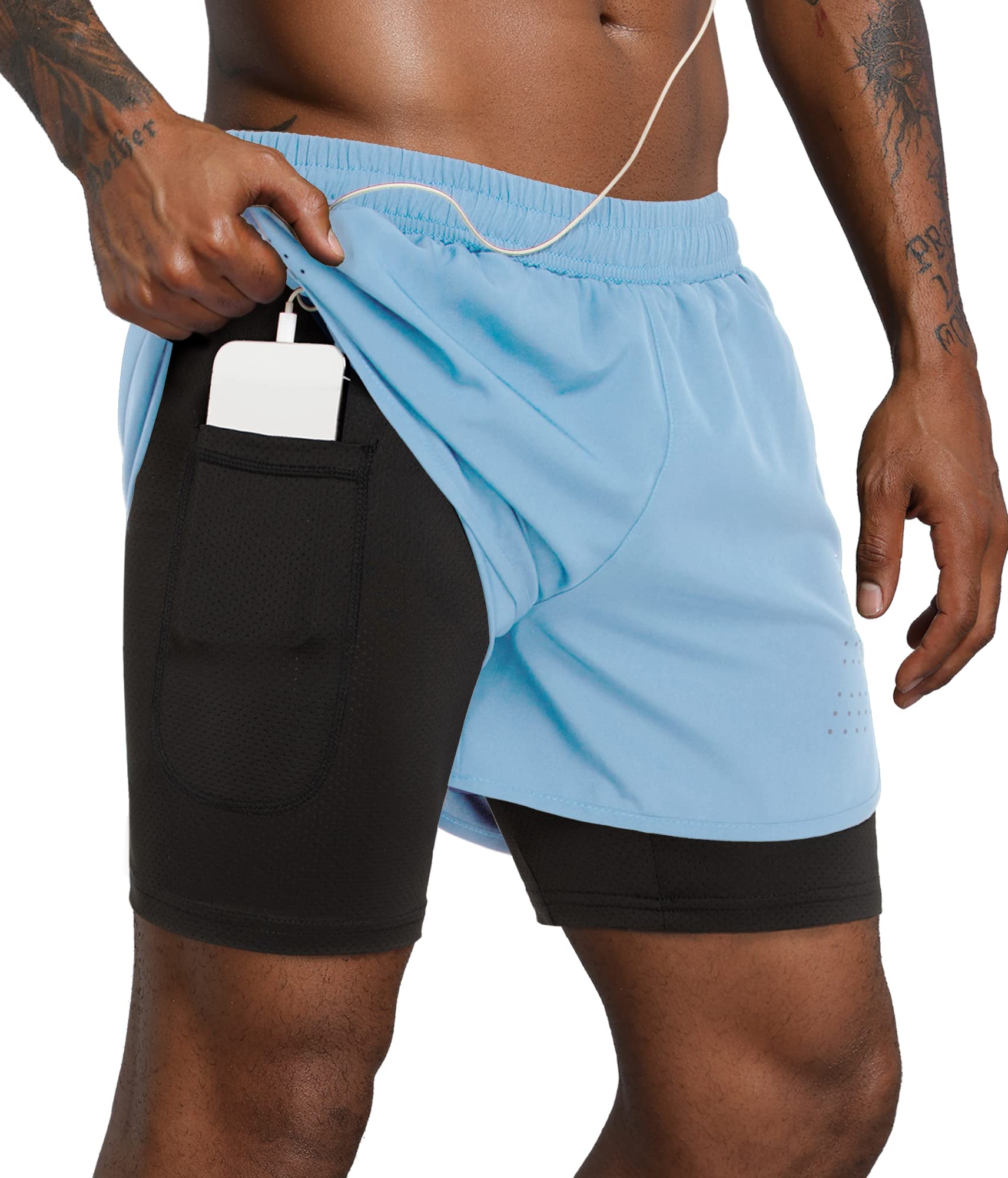 Lulucleaf Running Shorts for Men with Liner Mens 2 in 1 Workout Athletic Yoga Shorts (Light Blue, XL)