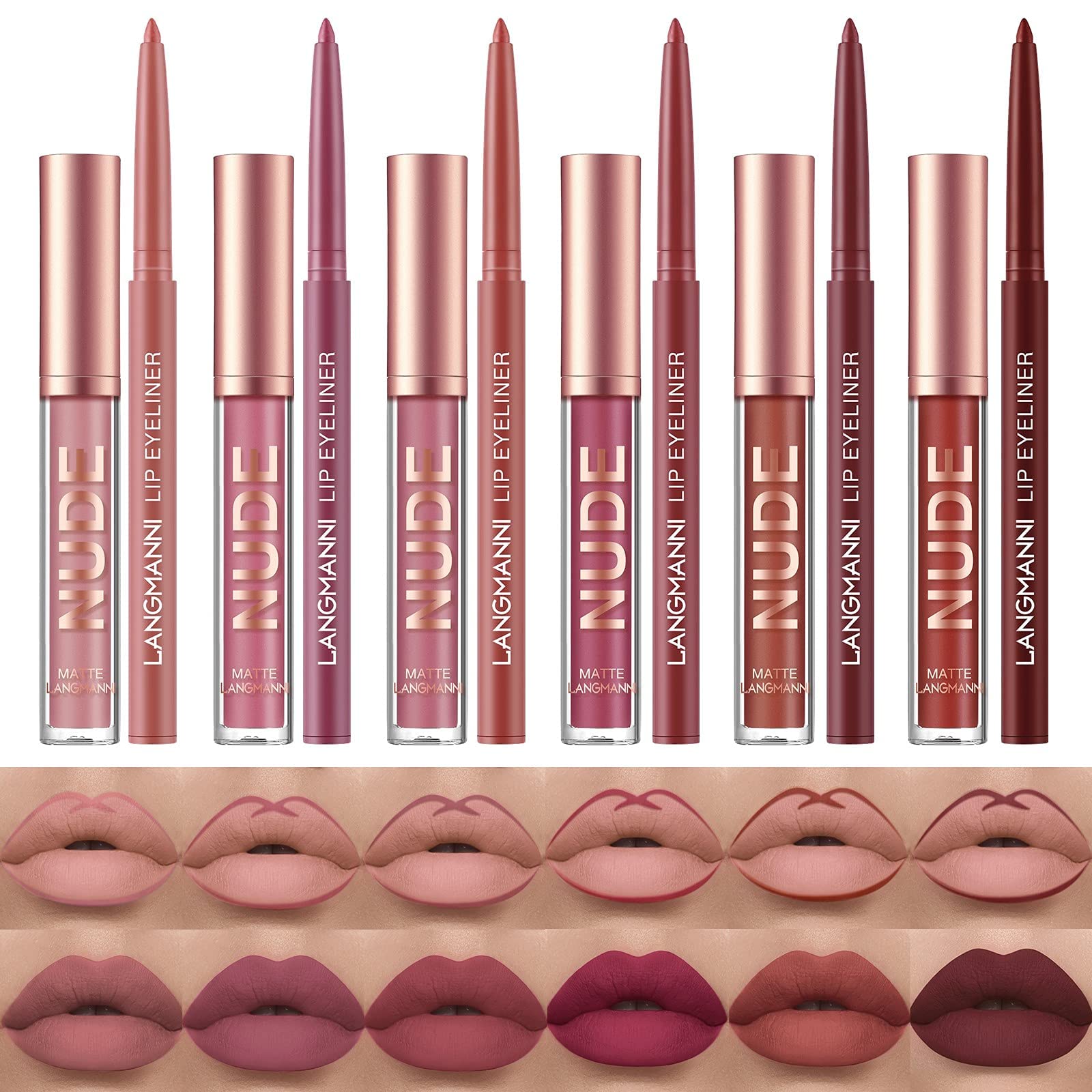URQT 12pcs Lip Liner and Lipstick Makeup Set, 6 Velvety Matte Liquid Lipsticks + 6 Matching Smooth Lip Liner One Step Lips Makeup Kits Waterproof Long Lasting Matte Lipstick Gift Set (Set B, 12)